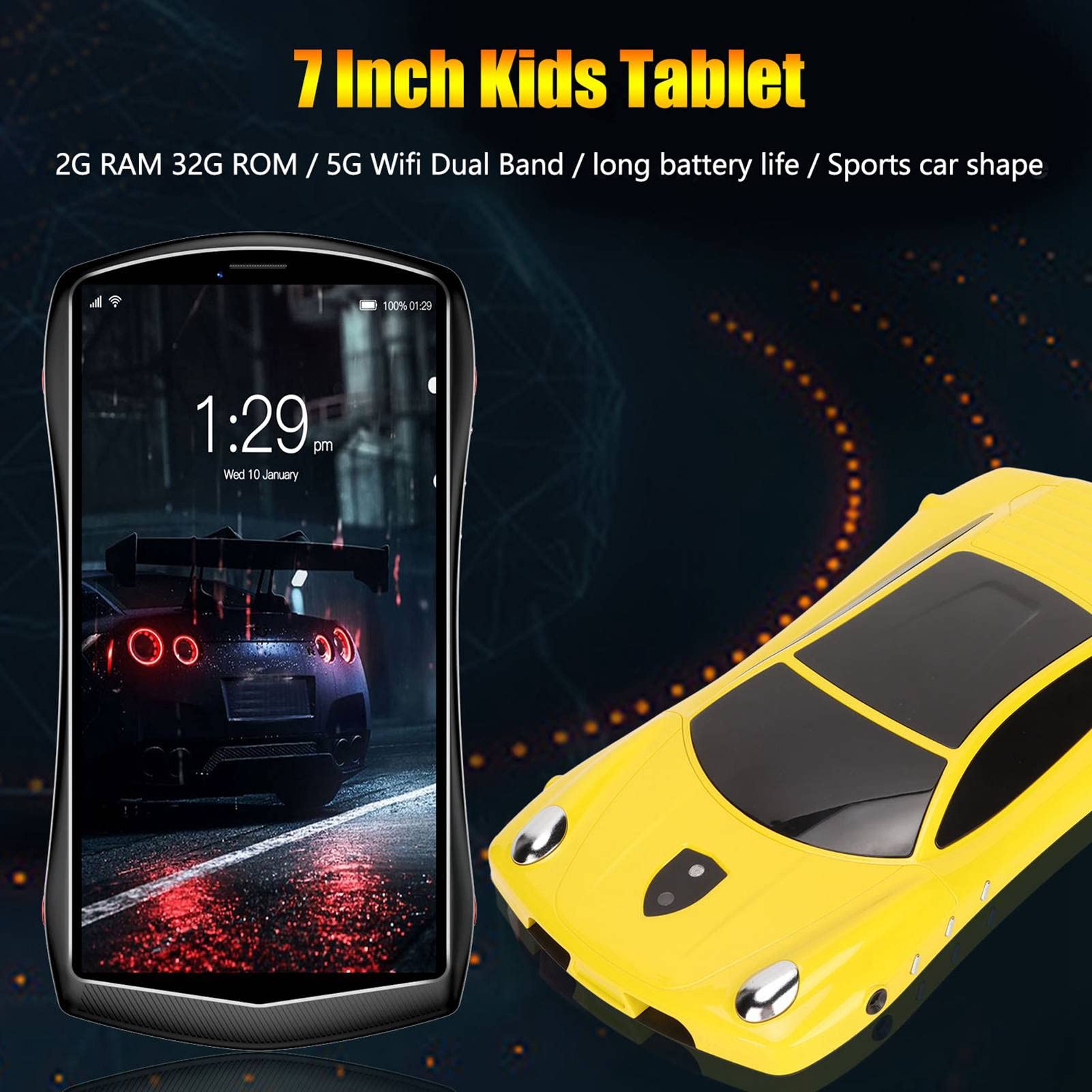 Bewinner 7 Inch Kids Tablet, Car Shape Tablet for Kids Octa Core 2G RAM 32G ROM 5G WiFi Dual Band Call Tablet PC Learning Education Tablet for 10 (US Plug)