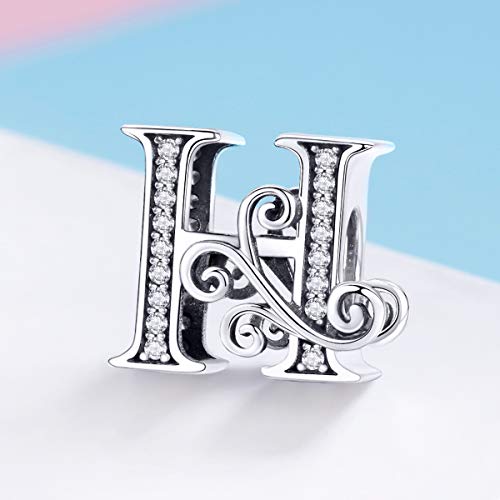 Authentic 925 Sterling Silver Charms Vintage A-Z Letter Alphabet Charms Fit Pandora Bead Bracelets & Women Original Charm Diy Jewelry (H)