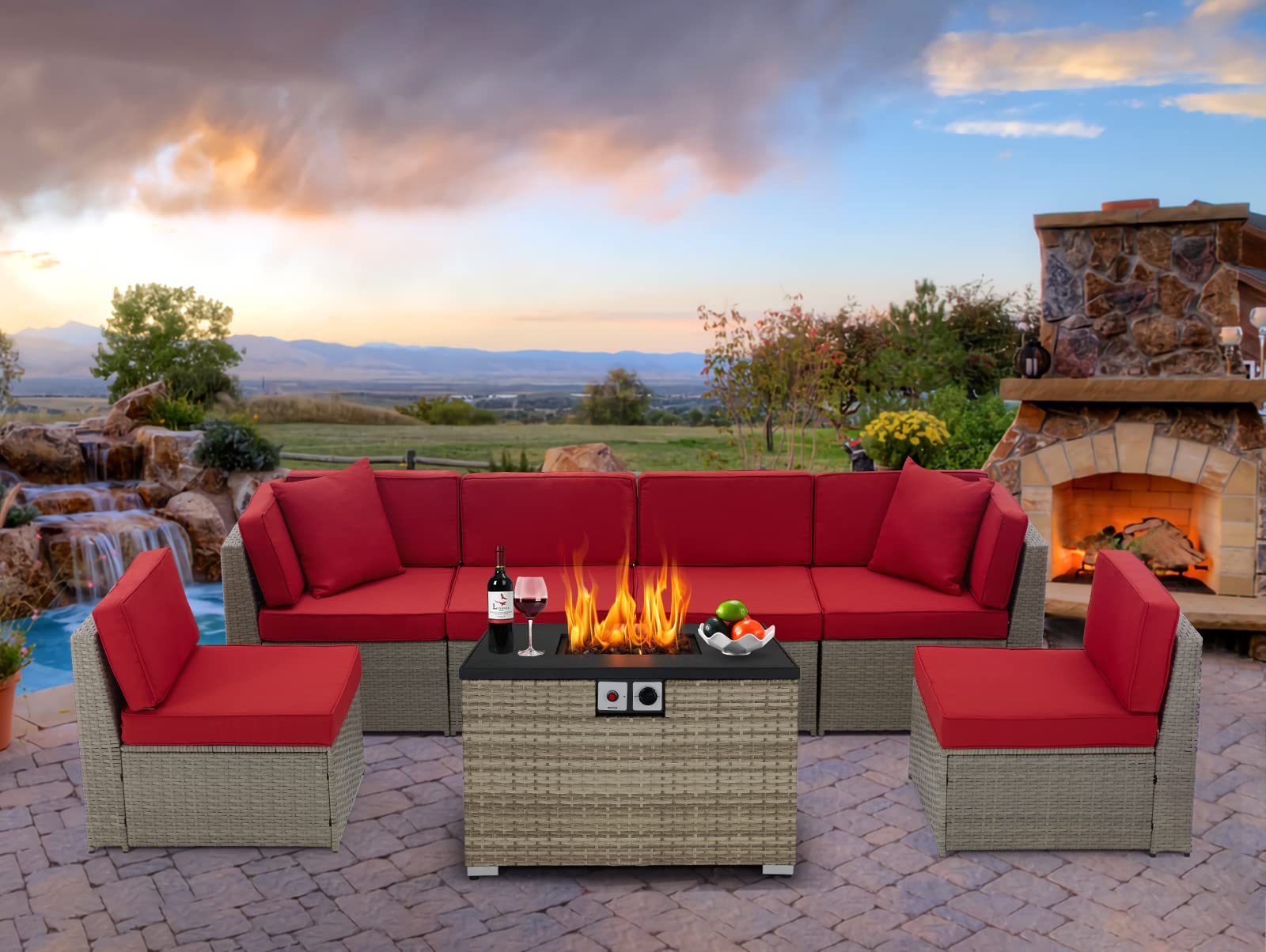 AVAWING 32in Square Fire Pit Table,40,000BTUs Wicker Propane Gas Firepit Table 2 in 1 Fireplace Table Outdoor Fire Tables for Outside Patio Backyard W/Lid and Lava Stone, Grey