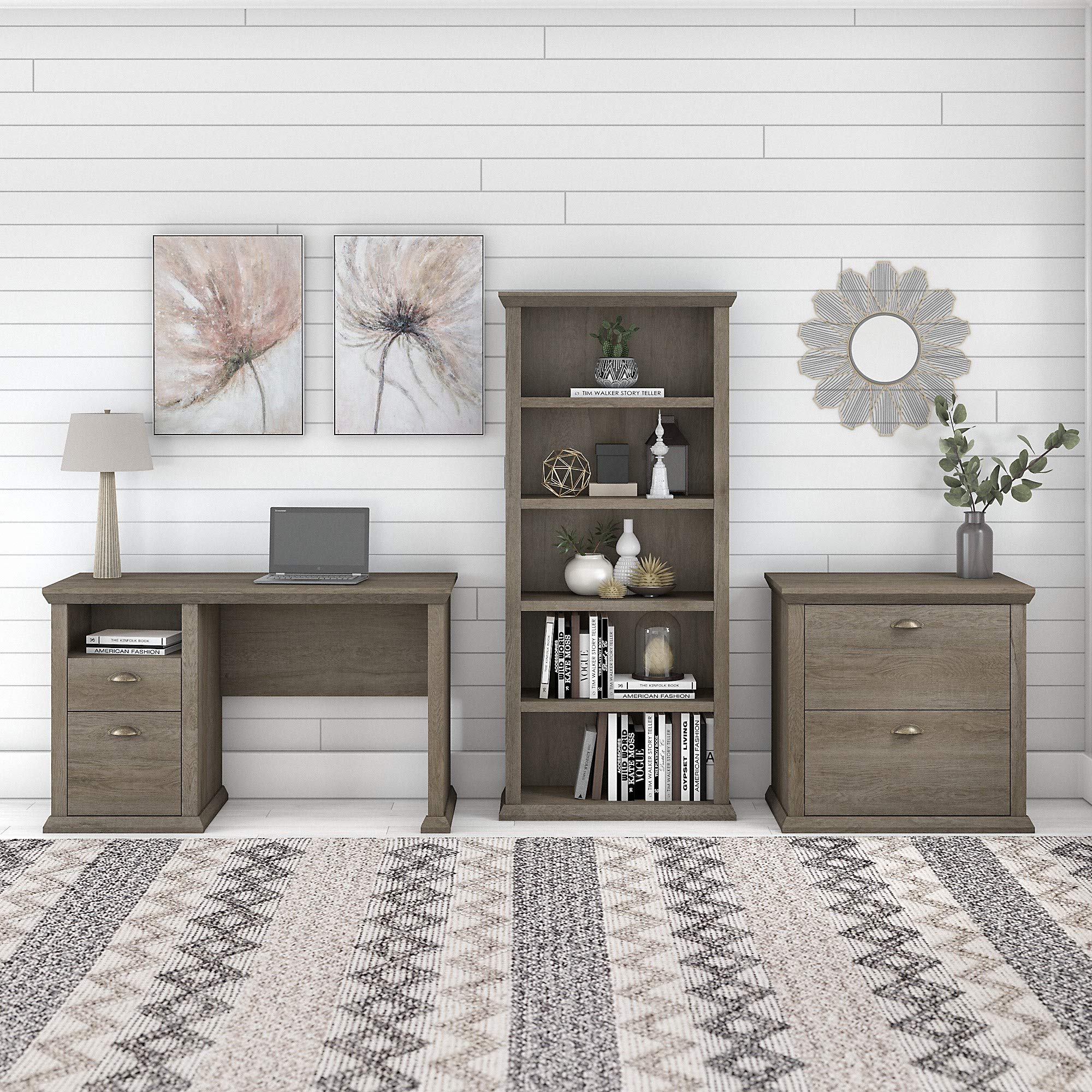 Bush Furniture Yorktown Home Office Desk with Lateral File Cabinet and 5 Shelf Bookcase, 50W, Restored Gray