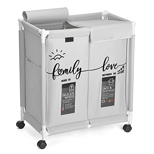 Laundry Sorter Cart with Lid, 110L 2 sections Oxford Cloth Laundry Hamper on Wheels, Laundry Basket for Family Dorm Room Clothing Throws Toys (22.6*13.6*26.6IN)