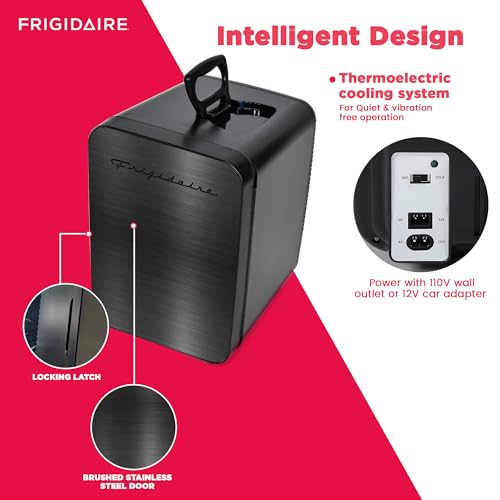 Frigidaire Mini Personal Fridge Cooler, Countertop, Holds Up to 10L/15 Cans, Brushed Black Stainless Rugged Design, Portable for Skincare, Makeup, Car, Office, Bedroom, Dorm Room, or Cabin