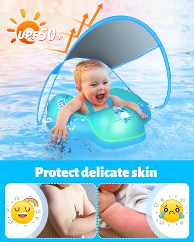 LAYCOL Baby Swimming Float Inflatable Baby Pool Float Ring Newest with Sun Protection Canopy,add Tail no flip Over for Age of 3-36 Months (Blue, L)