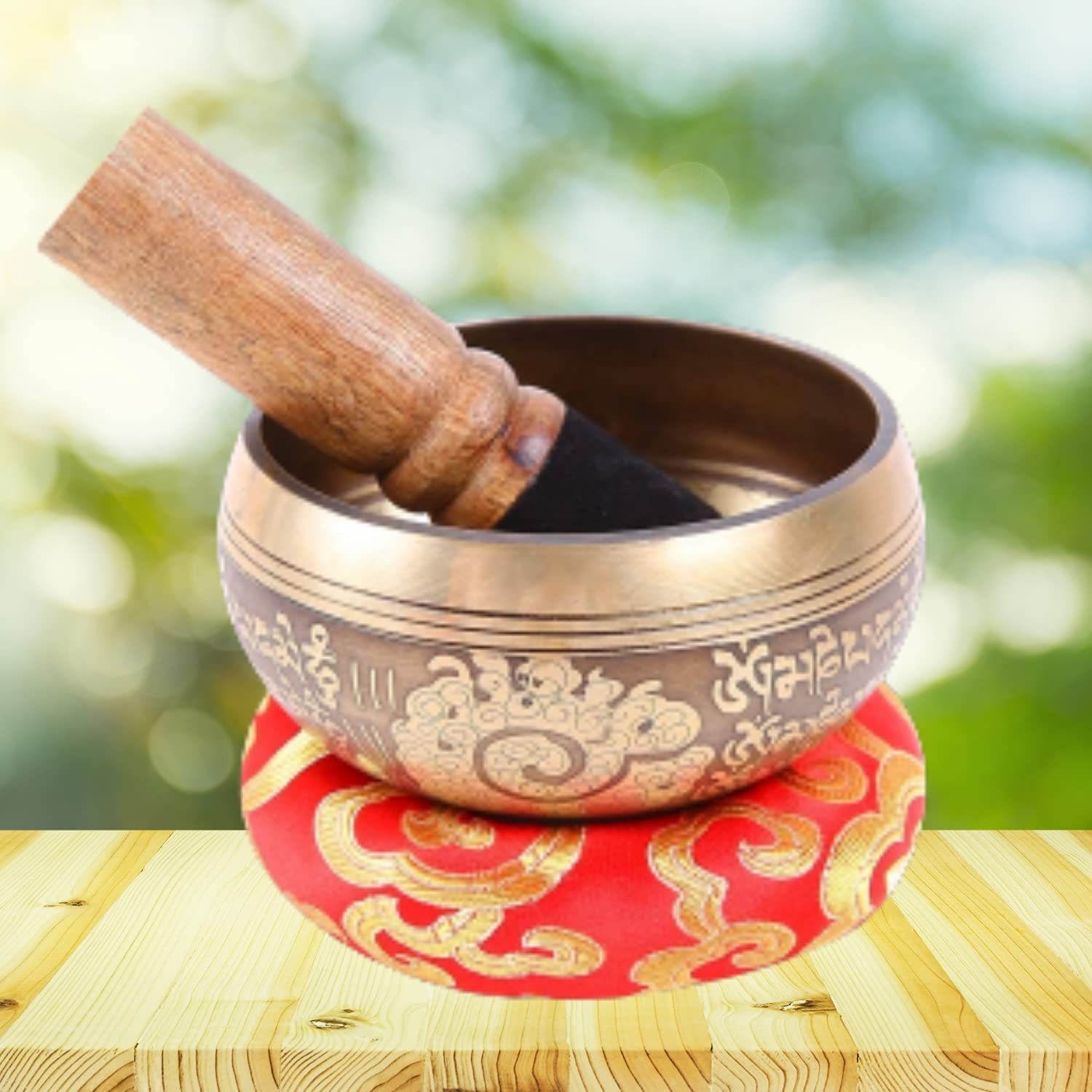 Authentic Hand Crafted Tibetan Singing Bowl Set - Easy to Use with Mallet and Silk Red Cushion