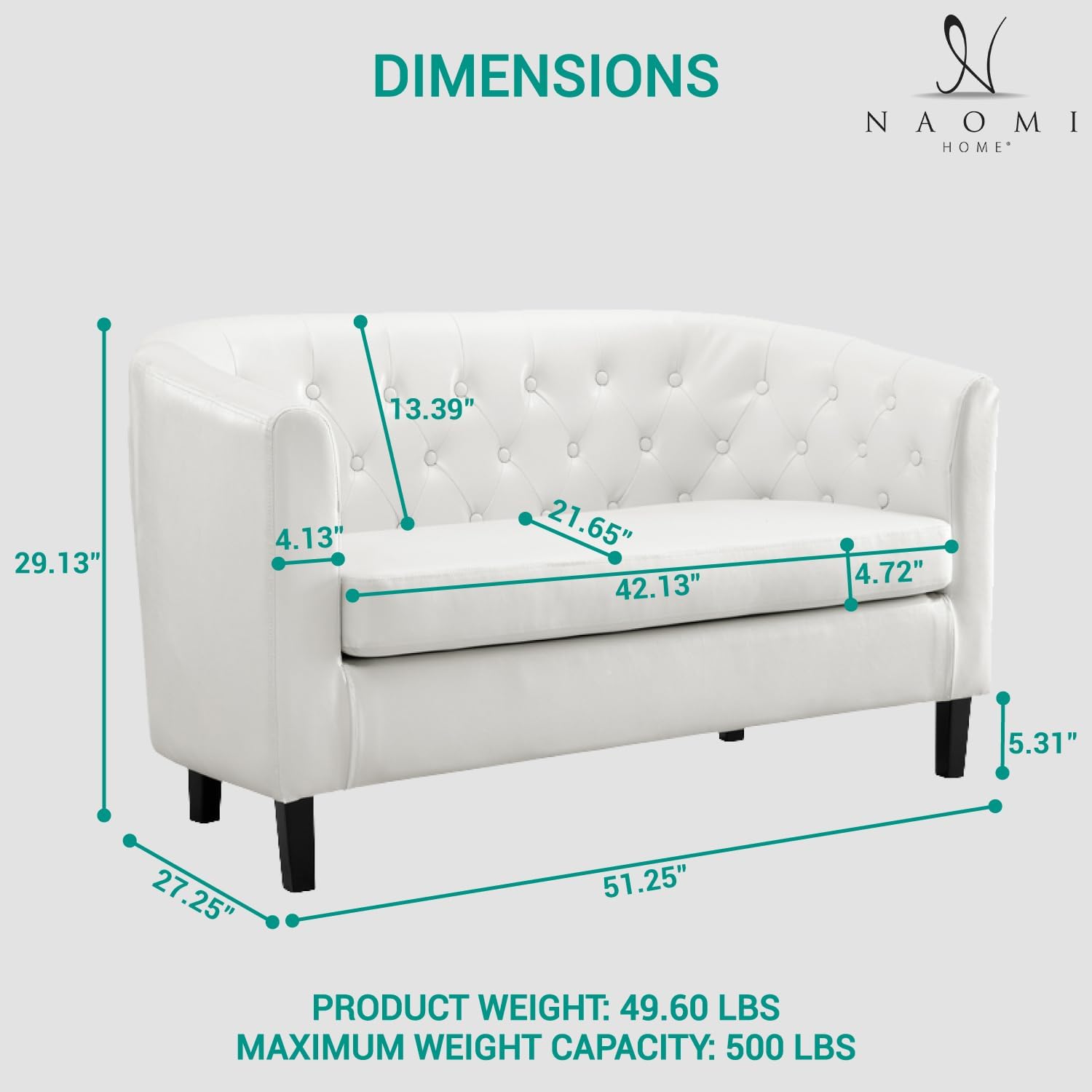 Emma Love Seat, Button Tufted Faux Leather Barrel Loveseat, Midcentury Modern 2 Seater Sofa Couch, Small Loveseat for Small Spaces, Bedrooms, Couches for Living Room, Easy Tool-Free Assembly - White