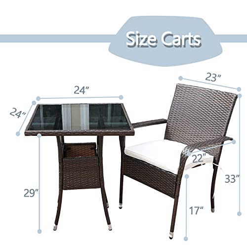 G GVM-US Outdoor Small Patio Table and Chairs Deck Furniture Set for 2, Wicker Glass Cafe & Dining Table Set for Bistro Balcony Lawn