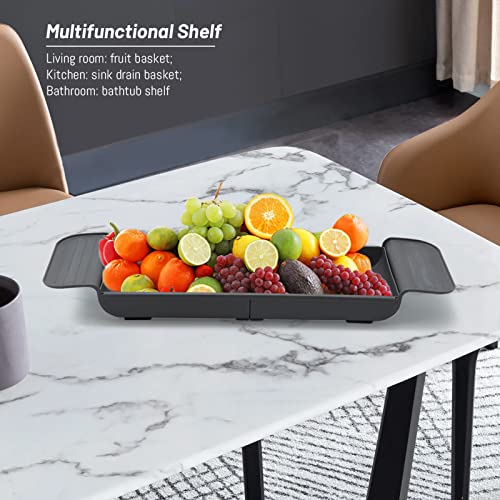 Expandable Caddy Bath Tray for Tub, Multifunctional Drain Bathtub Shelf with Non-Slip Extending Grip for Tub Against Wall, Kitchen Dish Drying, Tub Organizer with Foldable Storage Baskets