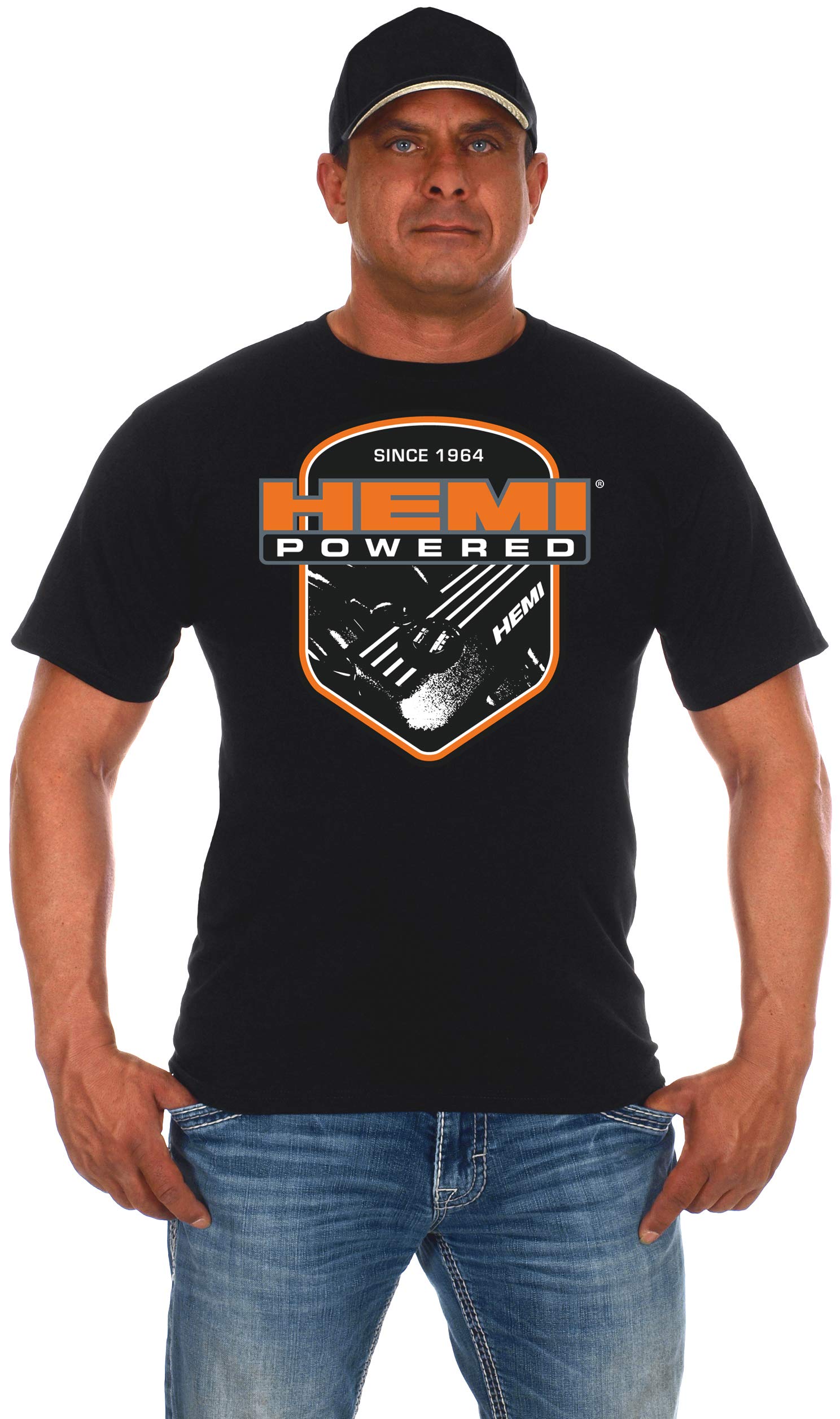 Men's Hemi Powered T-Shirt Black Short Sleeve Crew Neck Shirt (2X, Black)