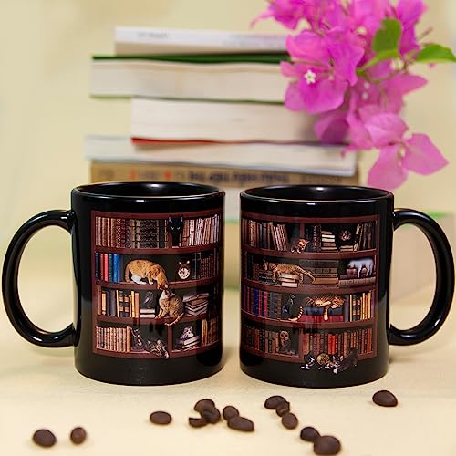 Kovan Library Bookshelf Mug Book Lovers Coffee Mug Library Mug for Cat and Book Lover Book Coffee Mug Book Mug Bookworm Mug Book Club Cup - Gifts for Readers Bookish Black Mug 11Oz With Keychain