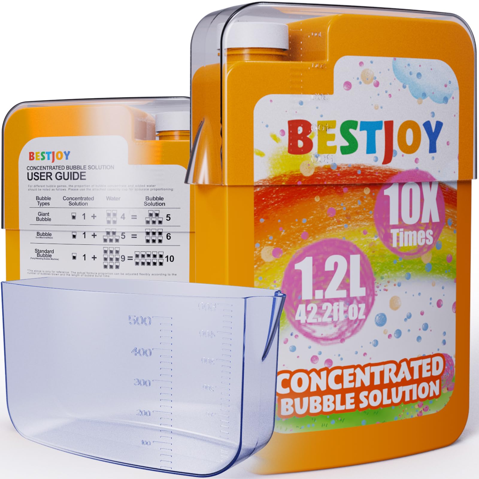 BestJoy Bubble Solution Concentrate Refill, 42 OZ Giant Bubble Liquid Mix with 500ml Measuring Cup, Kids Bubble Soap Non-Toxic for Bubble Machine Gun, Mower Maker, Colorful Bubbles for Wedding Party