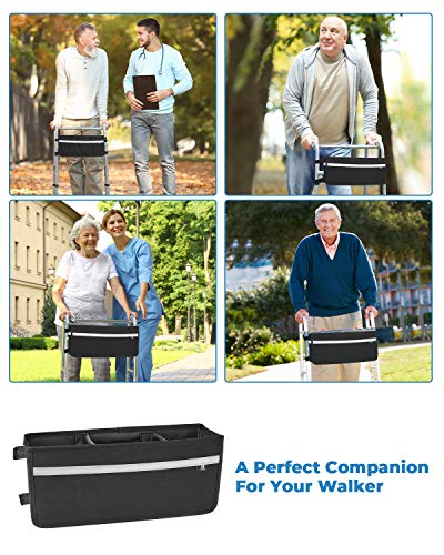 ISSYAUTO Walker Basket, Strap Mount Walker Cup Drink Holder with Two Split Board, Foldable Walker Storage Bag, Best Gift for Family and Friends - Black (Not Fit Rollator Walkers)