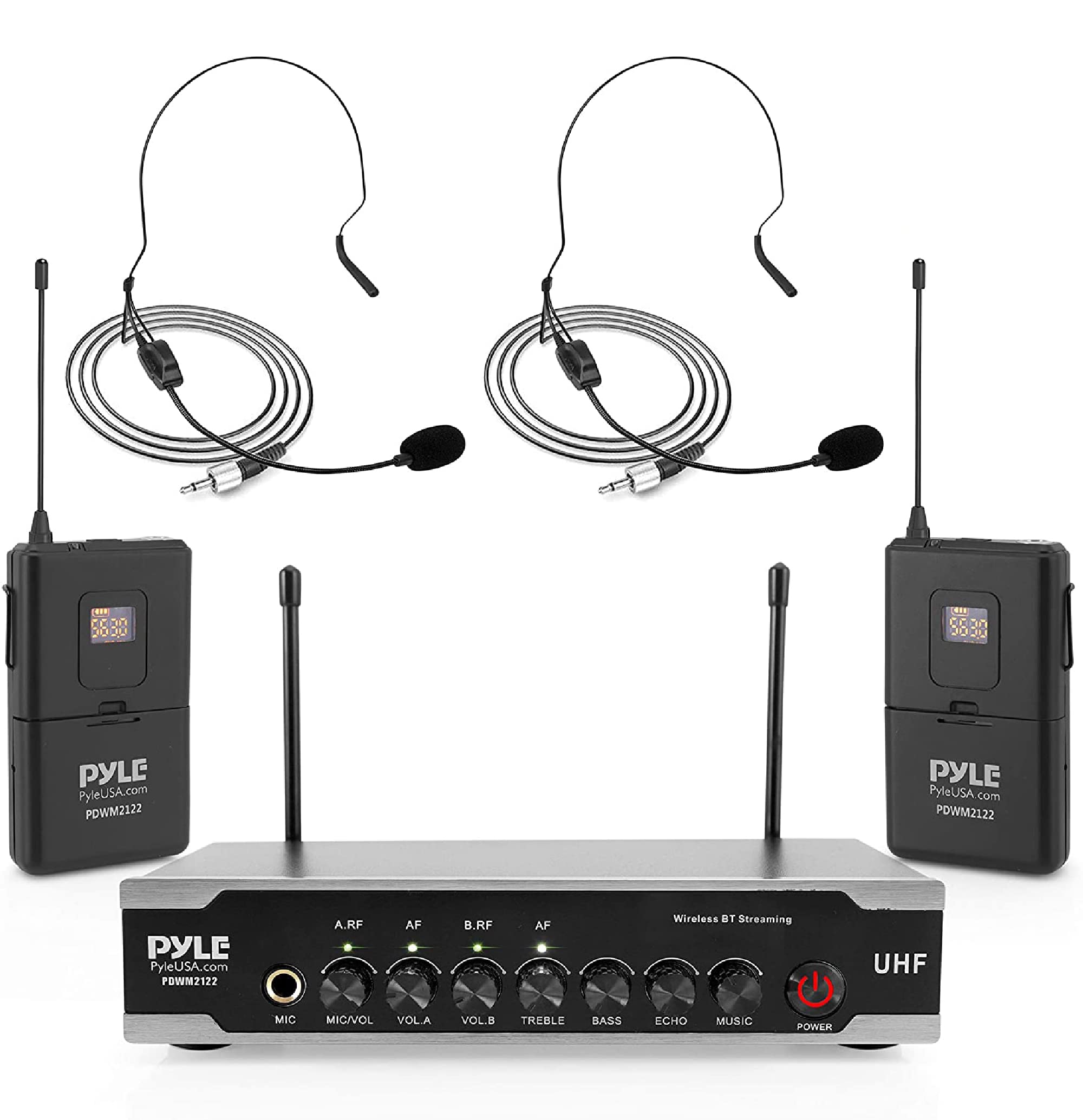 Pyle Portable Uhf Wireless Microphone System - Bluetooth Cordless Headset Lapel Lavalier Microphone Set W/ 2 Battery Operated Beltpack Transmitters, Receiver, Aux, for PA Karaoke DJ Party - PDWM2122