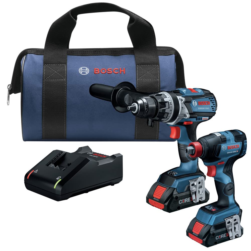 Bosch GXL18V-224B25-RT 18V Brute Tough Connected-Ready EC Brushless Li-Ion 1/2 in. Cordless Hammer Drill Driver / 1/4 / 1/2 in. 2-In-1 Impact Driver Combo Kit (4 Ah) (Renewed)