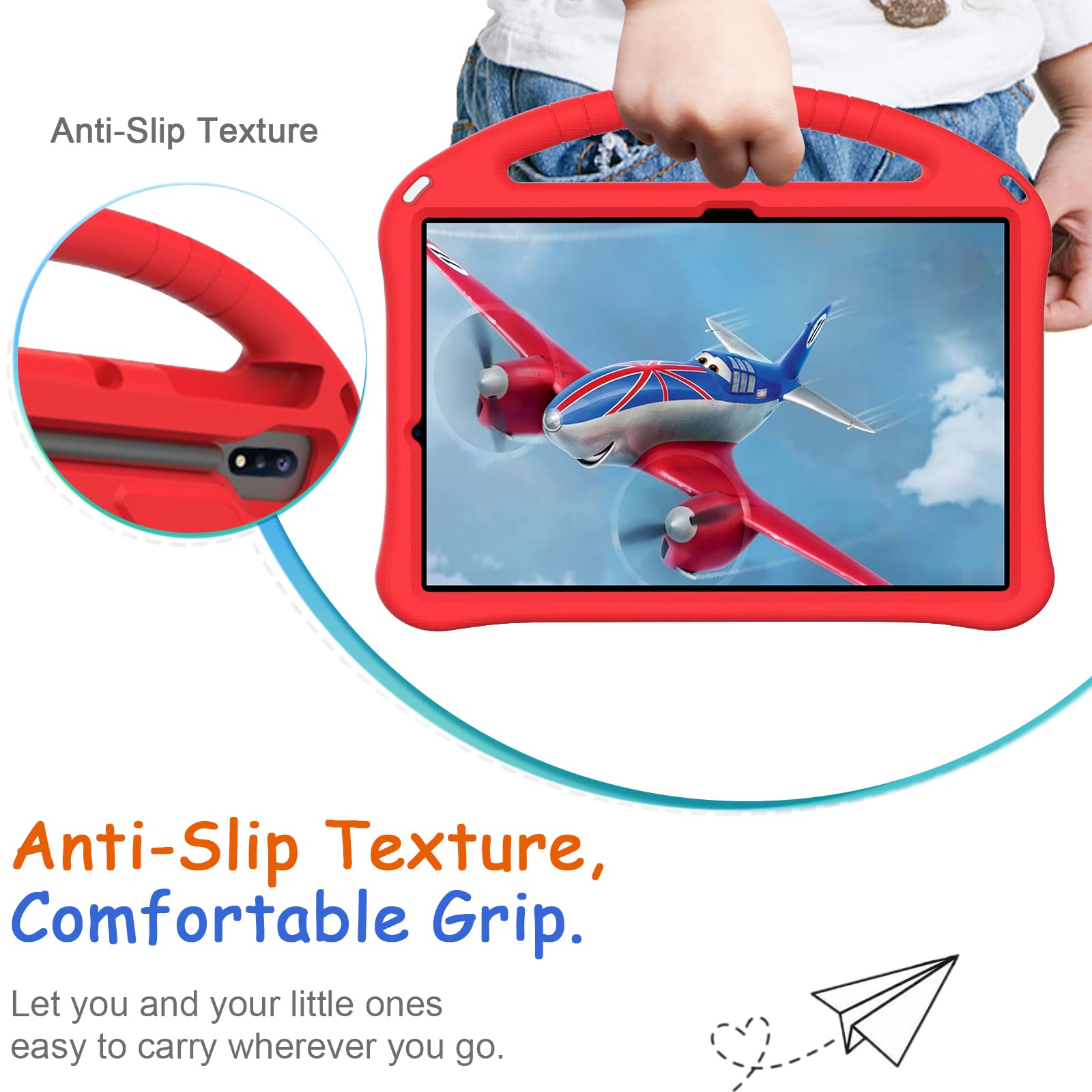 Kids Case for Samsung Galaxy Tab S7 FE/S7+/S8+/S9+/S9 FE+ 12.4", Techcircle Light Weight Shock Proof EVA Foam Handle Rugged Stand Protective Case for Galaxy Tab S9 FE+ 2023/S8 Plus 2022/S7+, Red