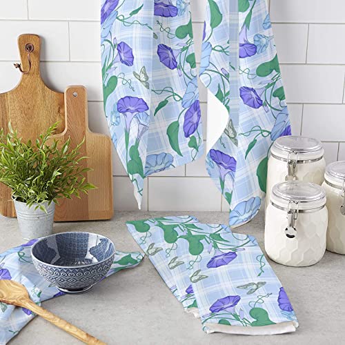 Garden Butterfly Morning Glory Vine Kitchen Cloth Dish Towel 18x28in Pack of 1,Super Soft Absorbent Tea Towels Hand Towel Flower on Blue Lattice Grid Cleaning Dish Cloths for Drying Dishes