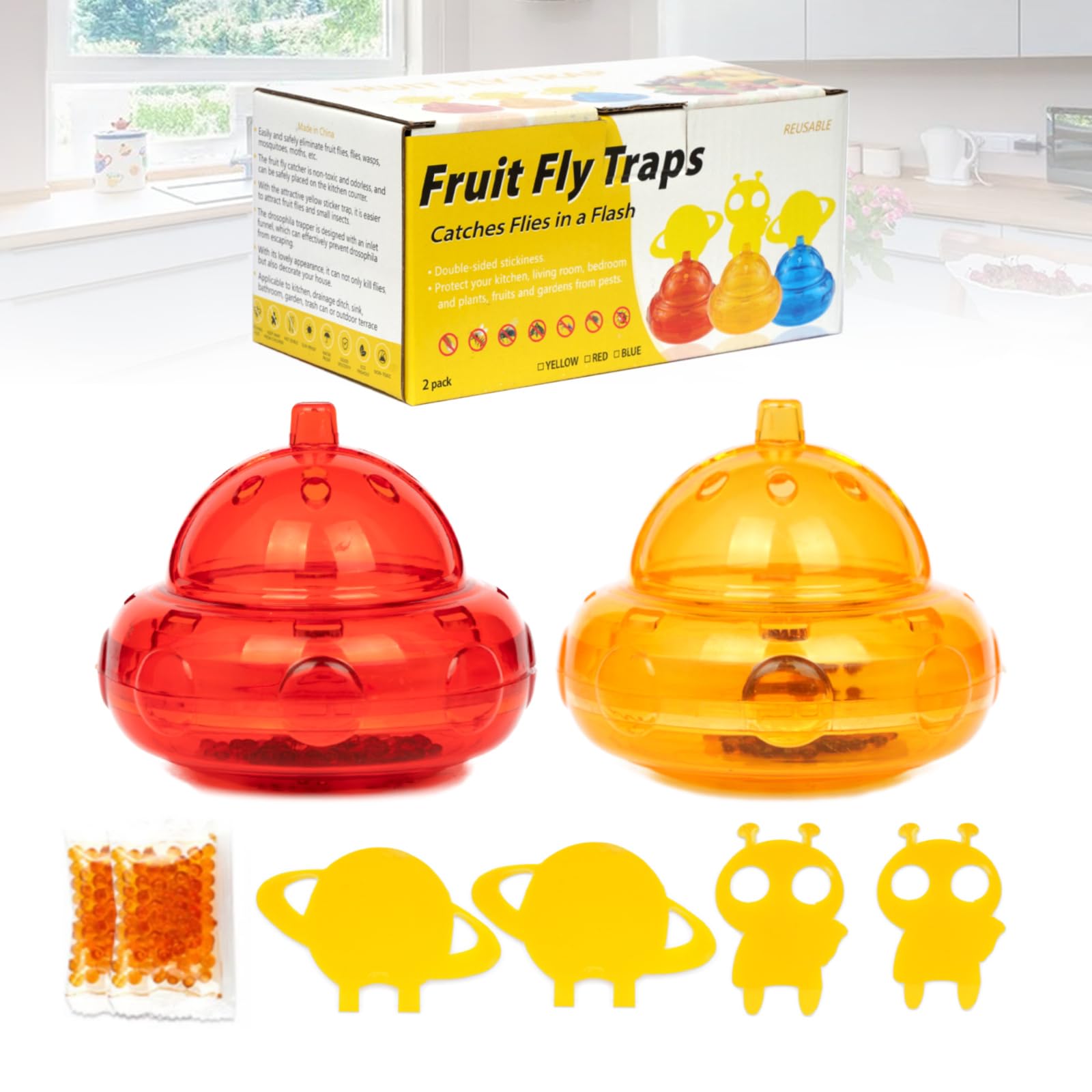 Fruit Fly Trap wth Sticky Pads, Fruit Fly Killer for Indoors, Safe and Non-Toxic Fly Catcher Gnat Traps Fruit Fly Traps for Kitchen,House - 2 Pack