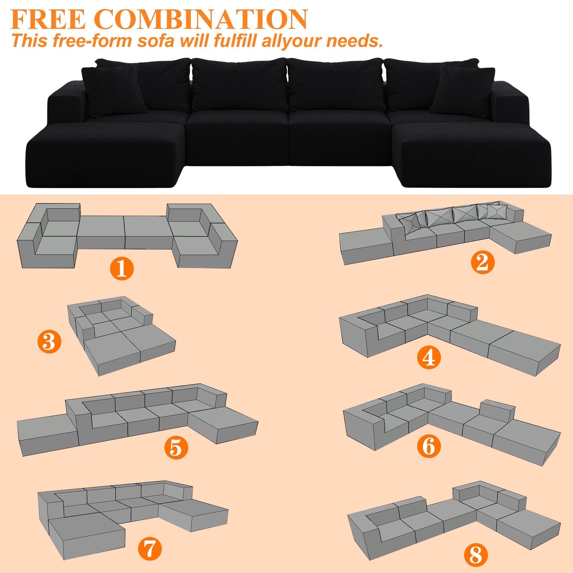 DAMAIFROM 162'' Modular Sectional Sleeper Sofa, Comfy Chenille Free Combination Upholstered Cloud Couch, L Shaped Convertible Sofa Bed with Pillows, Couches for Living Room, Assembly-Free, Black