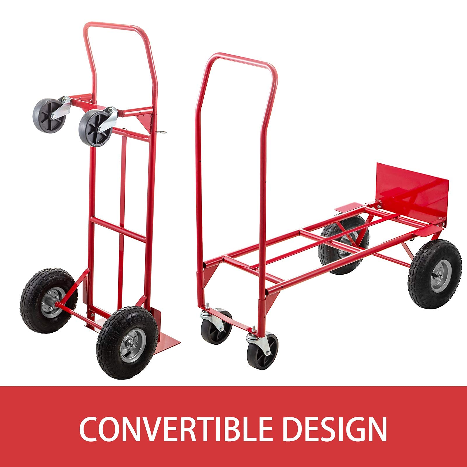 BestEquip Hand Truck Convertible Dolly 200lb/300lb with 10inch Pneumatic Wheels in Red