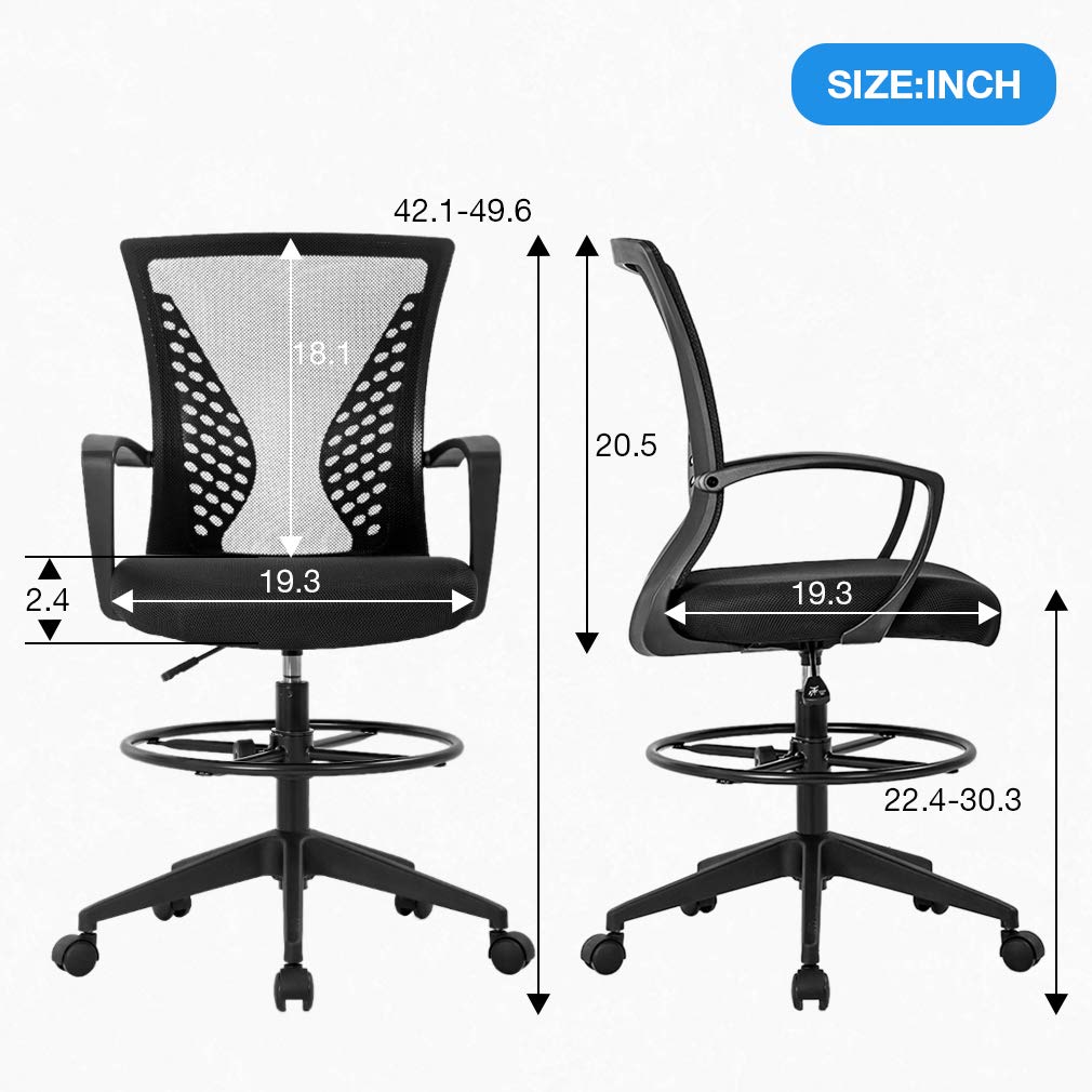 BestOffice Drafting Chair Tall Office Chair with Adjustable Foot Ring and Flip-Up Arms Computer Standing Desk Chair Executive Rolling Swivel Chair for Office & Home