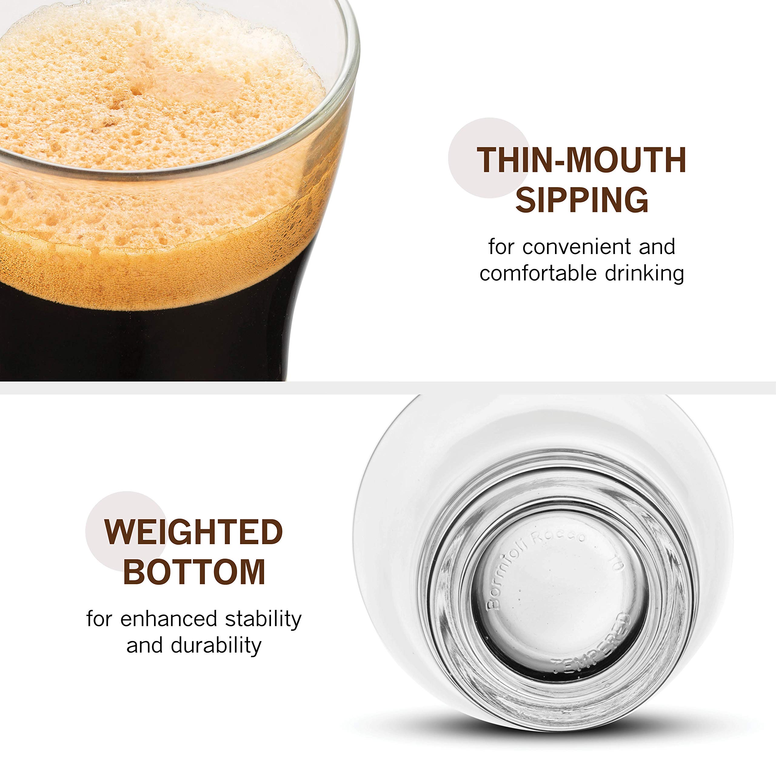 Bormioli Rocco OSLO Glass Coffee Mug - 7 ½ Ounce Espresso Cups (4 Pack) with Metal Handle Perfect Tea Glasses for hot and cold beverages, Thermal Shock Resistant, Tempered Glass, for Latte, Cappuccino