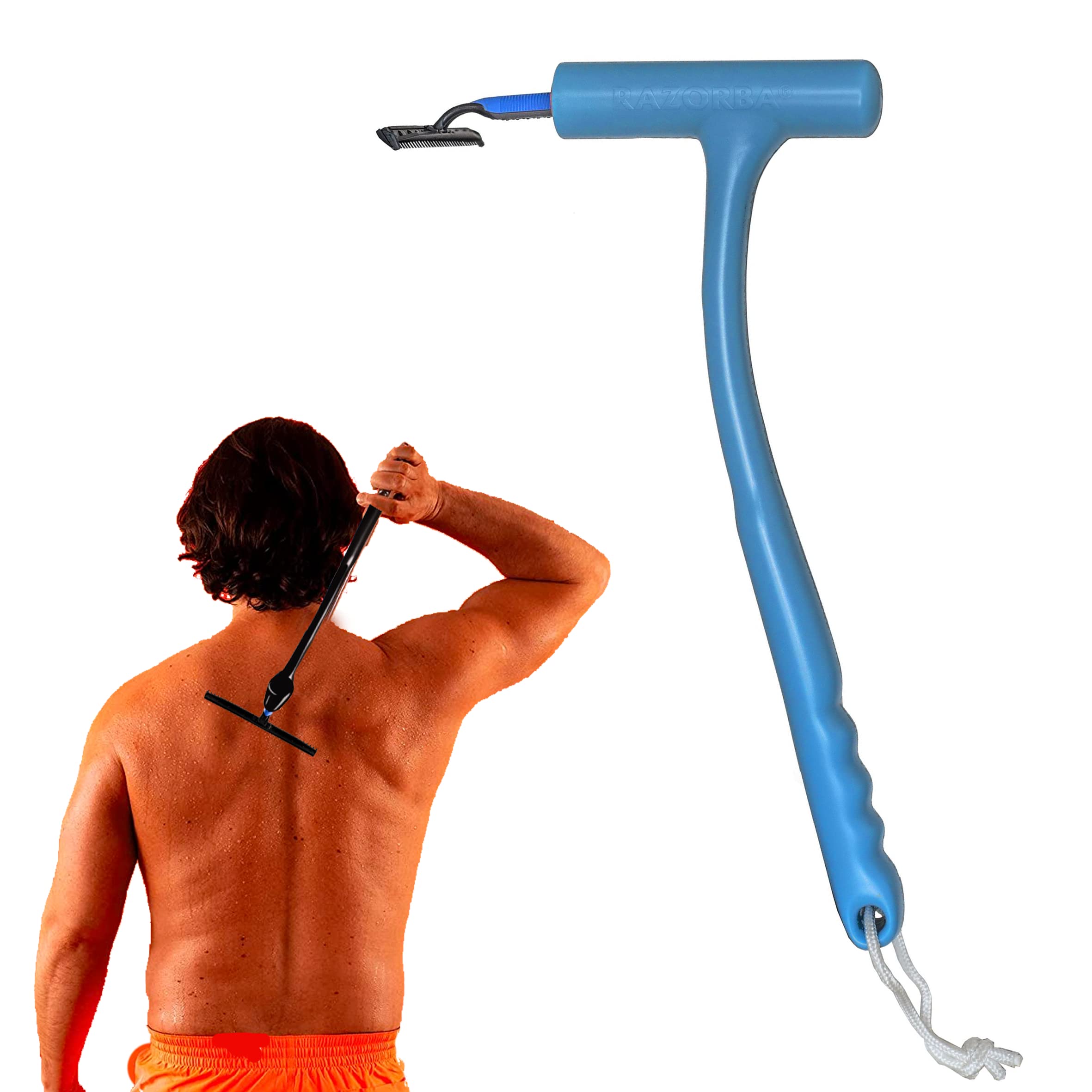 Razorba Back Shaver for Men - Razor Extension Handle. Ergonomic Manscape Yeti Stick. Leg & Back Shavers for Men & Women. Men's Back Hair Remover Wand. DIY Body Groomer Free Disposable Shaver Included