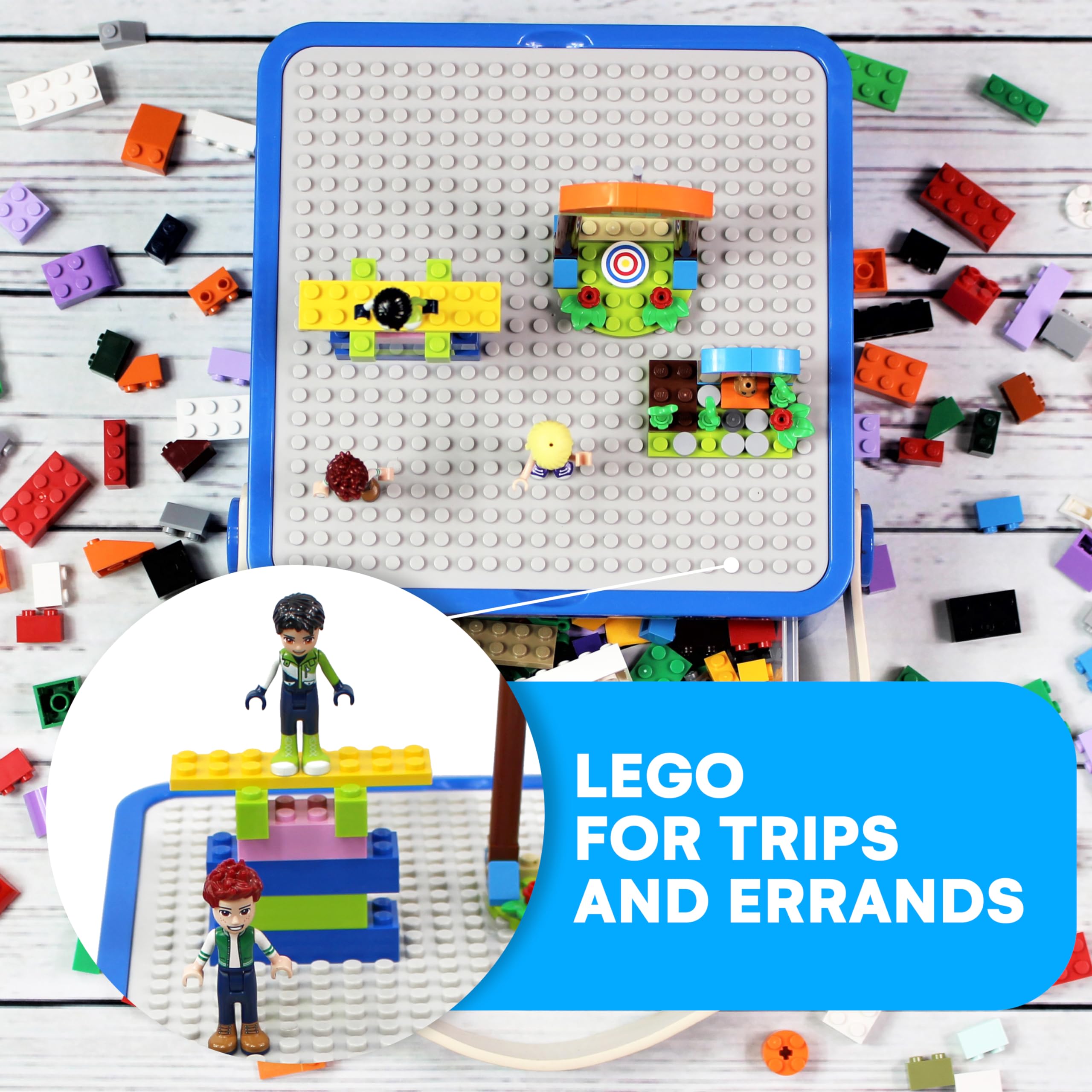 Bins & Things Lego Storage, Bin Box Organizer - Kids Toy Storage Containers - Small Brick Shaped Tub Organizer for Legos, Barbie Dolls and Hot Wheels - Anti-Lego Mess Organizer (Blue & White)
