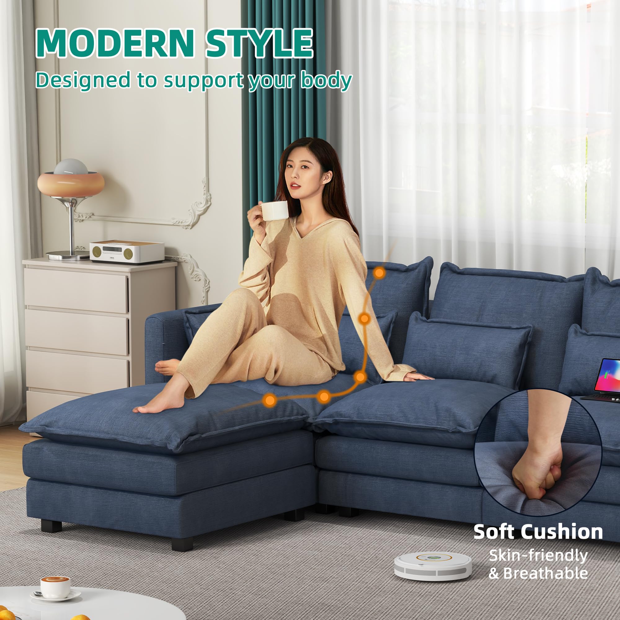 EDWELL Modular Sectional Sofa, Convertible L Shaped Couches Set with USB & Type-C Ports, Modern 3-Seater Comfy Cloud Couch with Moveable Ottoman for Living Room, DIY Combination, Blue