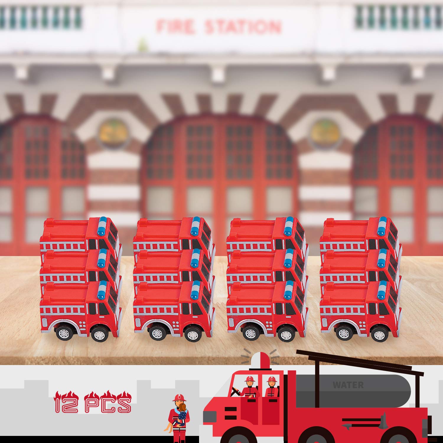 Fun Express Fire Truck Firetruck Engine Pullbacks Toy - 12 Pieces