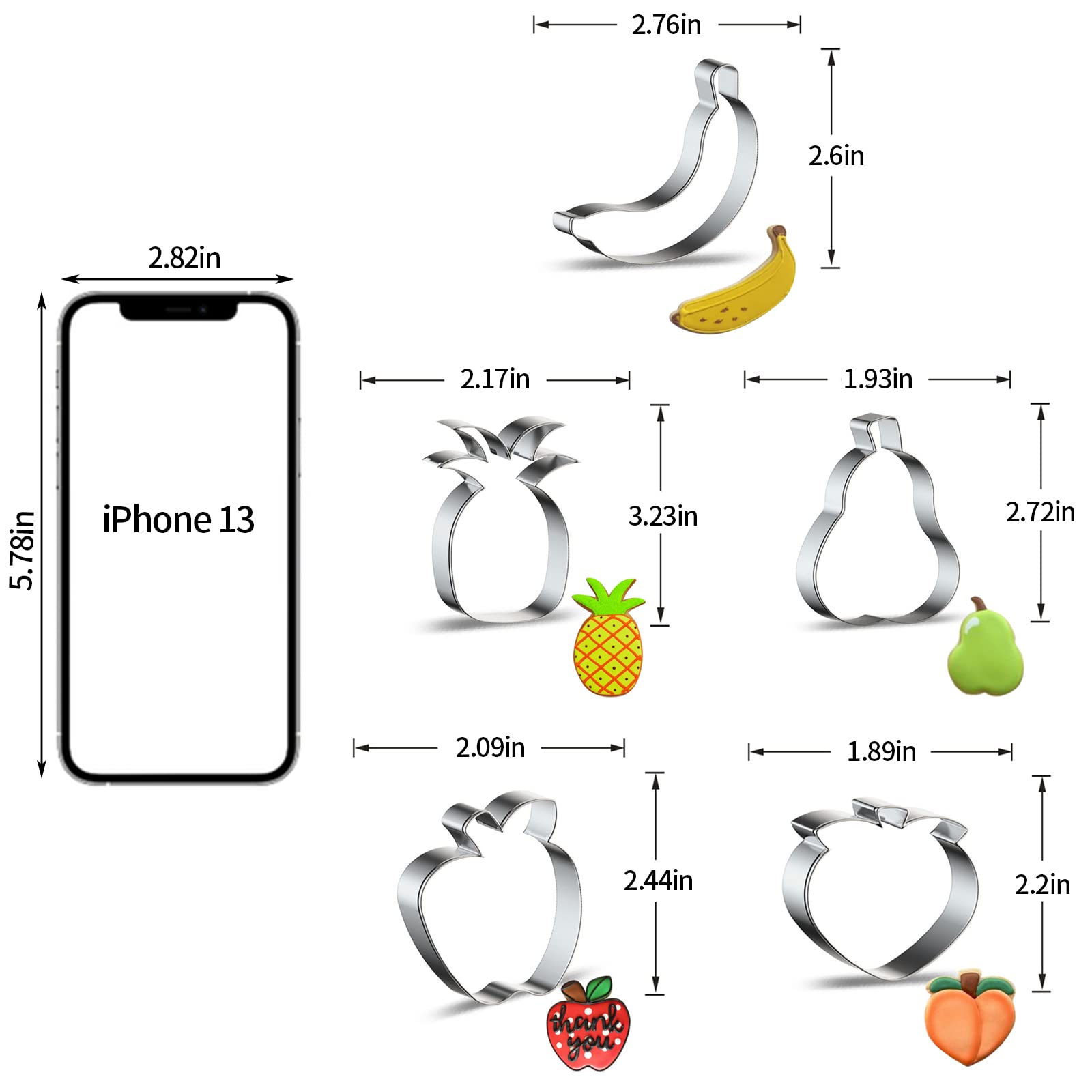CookDaoMo Fruit Shapes Cookie Cutters Set of 10 Pcs, Stainless Steel Cookie Cutters Molds Banana, Pineapple, Apple, Pear, Peach, Orange, Strawberry, Lemon, Grape, Cherry Pattern Cookie Cutters