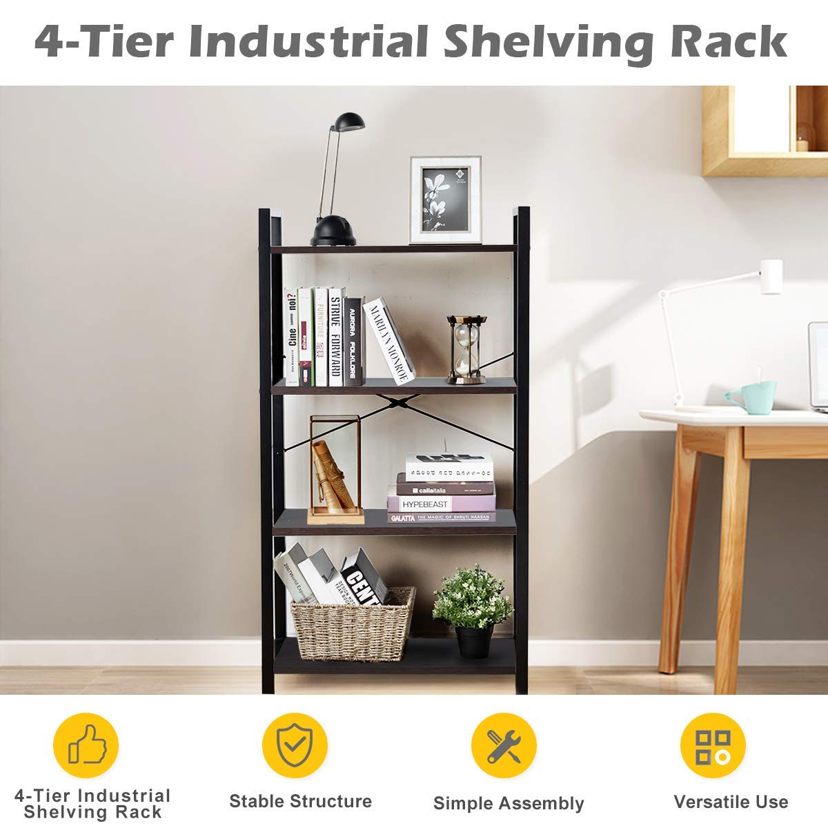 Giantex 4-Tier Industrial Bookshelf, Vintage Bookcase with Metal Frame, Standing Shelf Unit, Storage Shelves, Book Shelf for Living Room, Bedroom, Office, Black