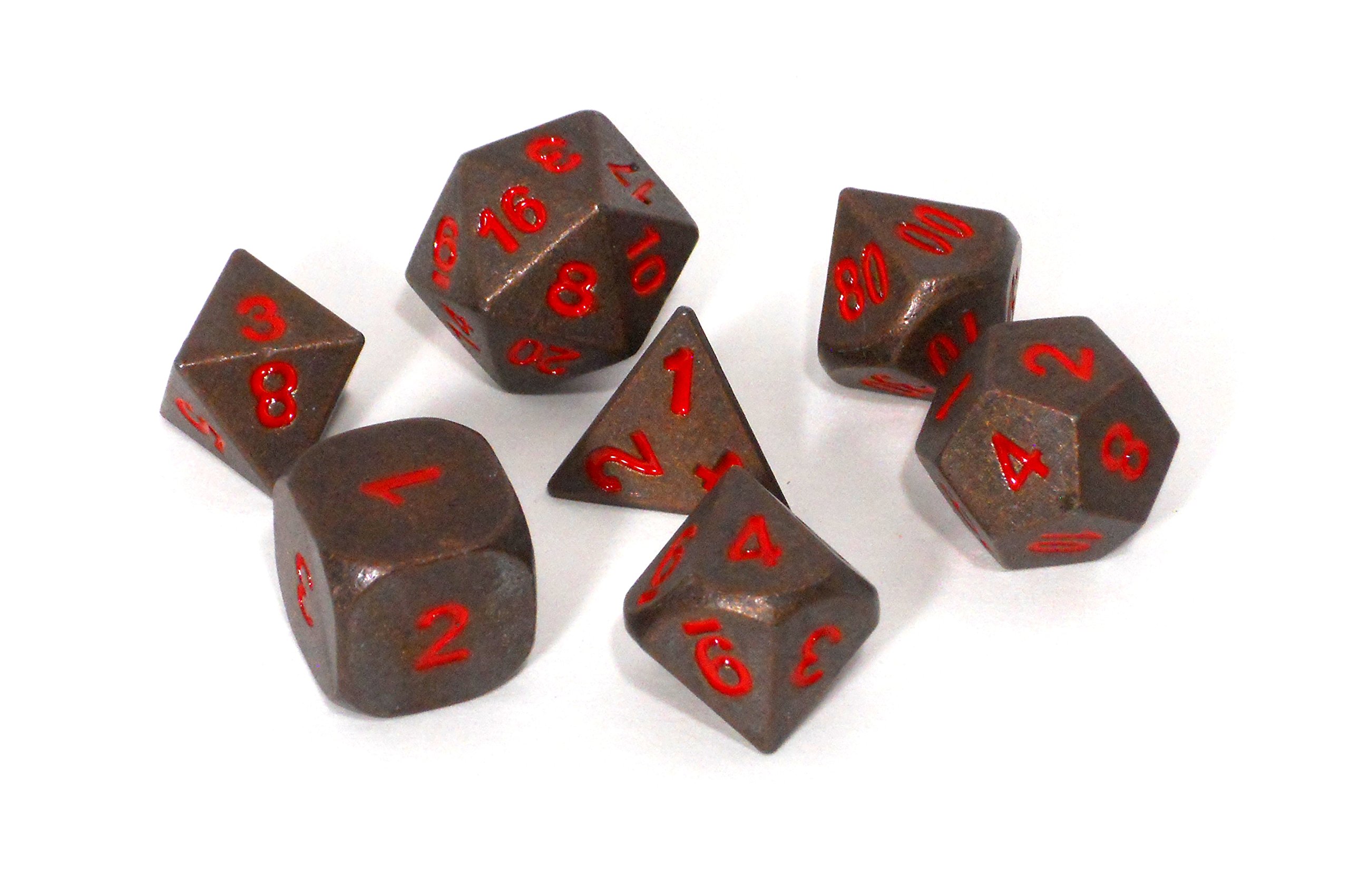 Metal Dice Polyhedral Set of 7 Copper Dragon Red D&D RPG Ancient Copper with Red Numbers