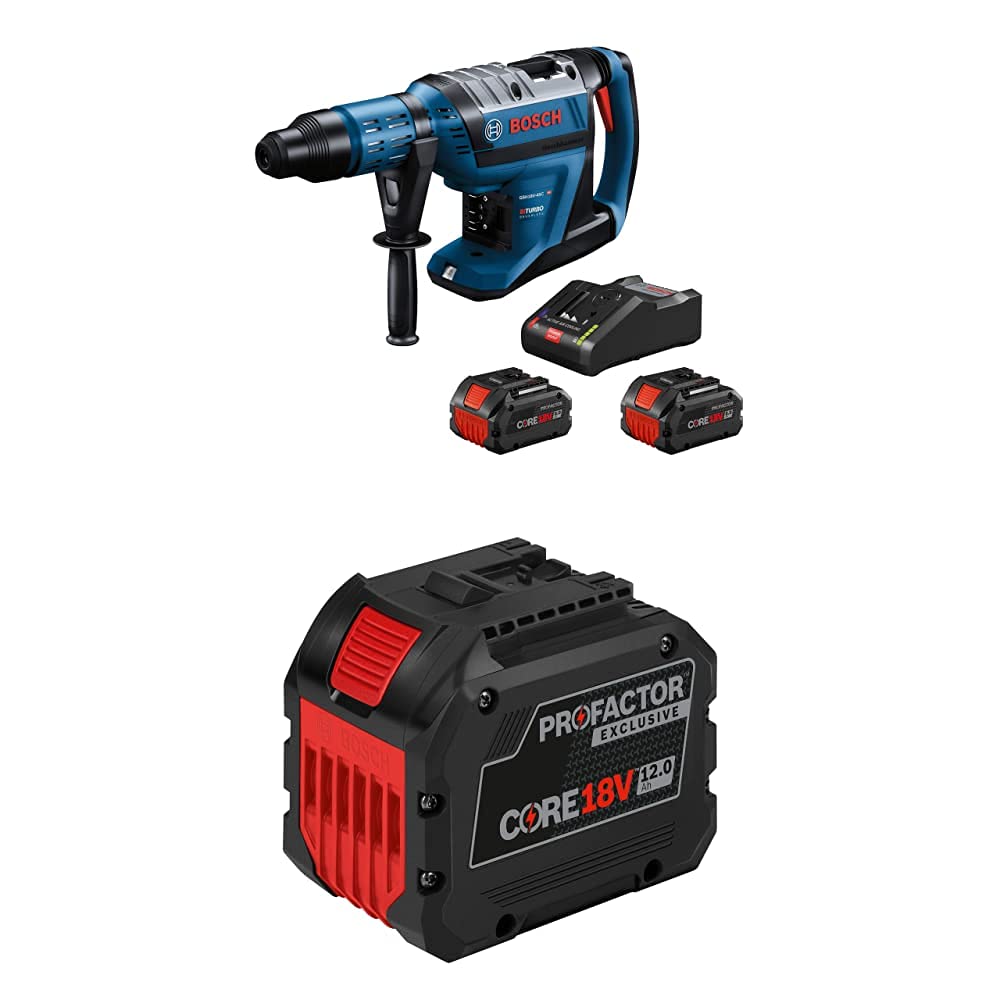Bosch PROFACTOR 18V HITMAN GBH18V-45CK24 Connected 1-7/8 In. SDS-max Rotary Hammer Kit & (2)CORE18V 8.0 Ah Performance Batteries + GBA18V120 18V CORE18V Lithium-Ion 12.0 Ah PROFACTOR Exclusive Battery