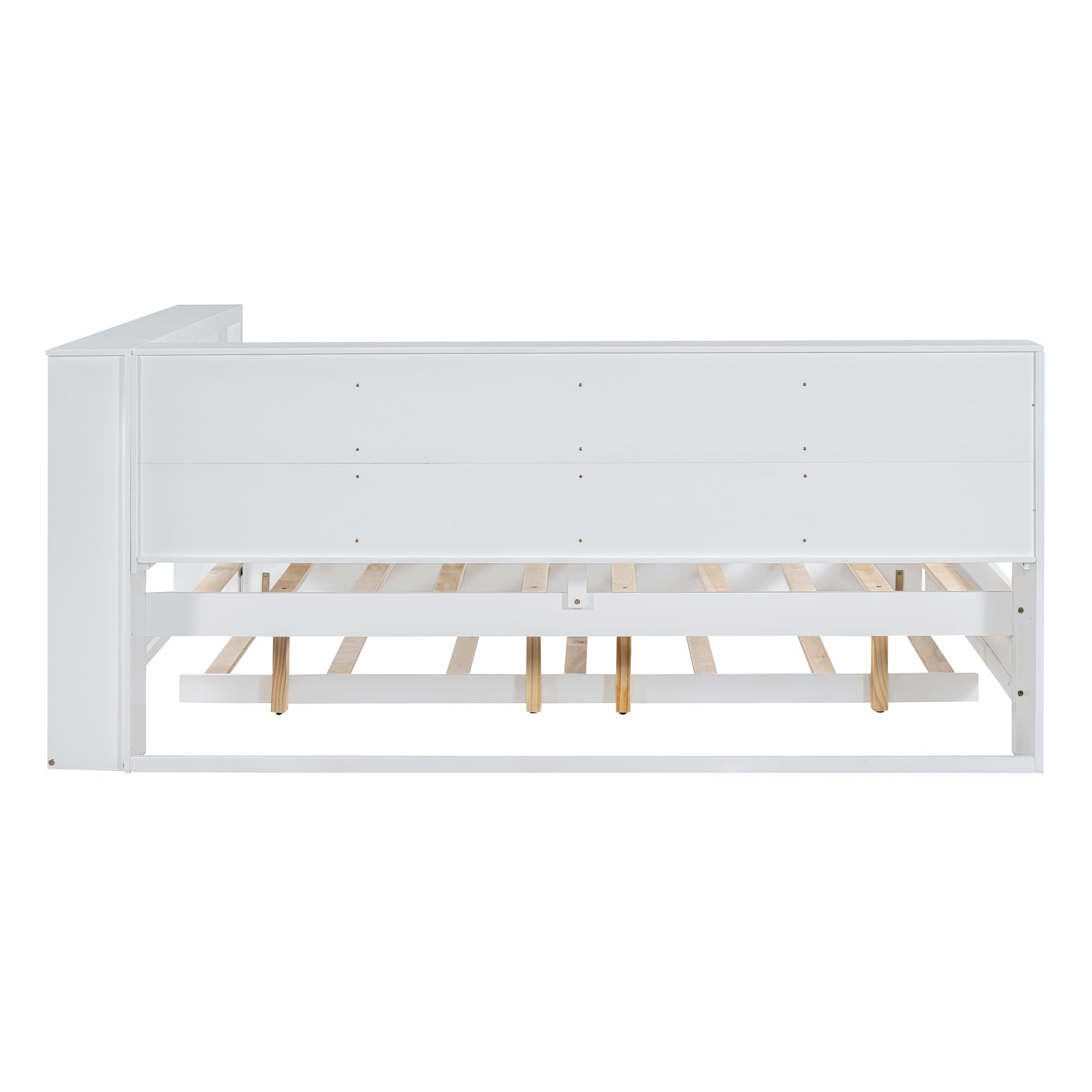 DEINPPA Full Size Platform Bed with L-Shaped Bookcase and Trundle, Wooden Captain Bed Frame with Bookcase Headboard for Kids Teens Boys Girls, No Box Spring Needed-White