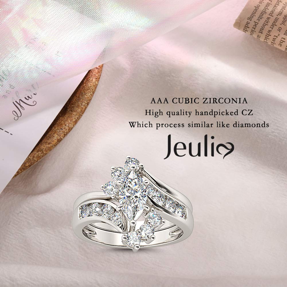 Jeulia Marquise Cut Wedding Set Sterling Silver Bypass Rings with Cubic Zirconia White Diamond Solitaire Engagement Rings Promise Anniversary with Gift Box (8.5)