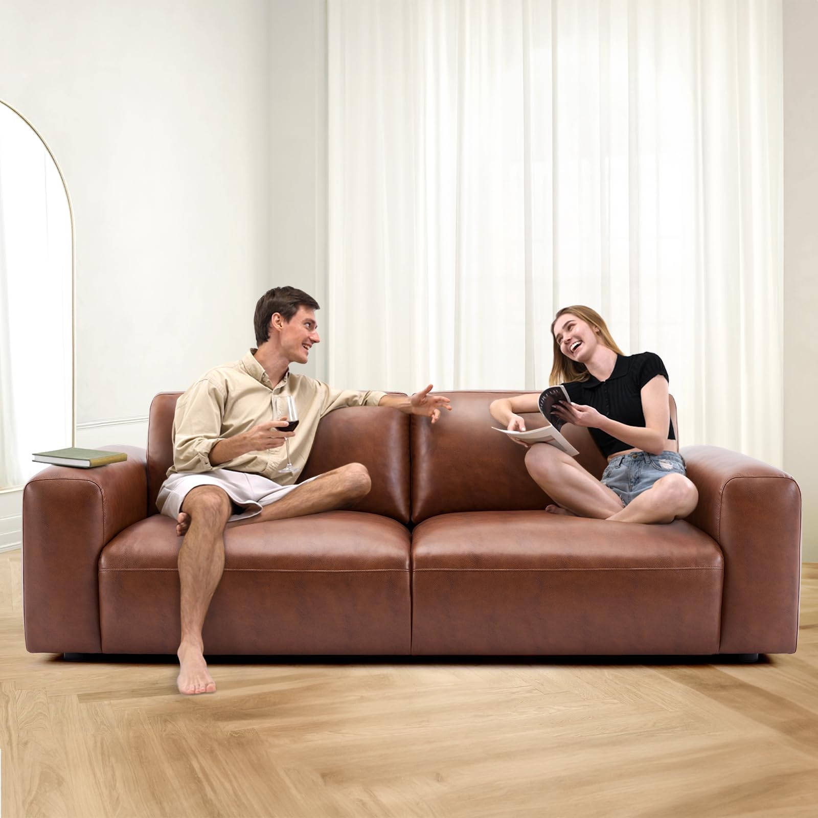 COLAMY 95" Oversized PU Leather Sofa, Comfy Sofa Couch with Extra Deep Seats, Wide Arm, Down Filled 3-Seater Modern Sofa for Living Room, Apartment Lounge-Auburn