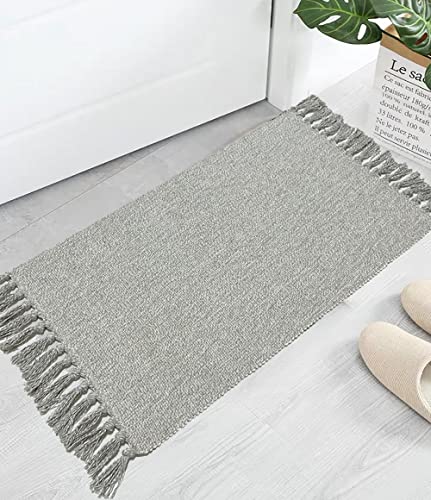 JE JOUE Boho Bathroom Rug 2'x3' Grey,Hand Woven Tassel Solid Color Area Rug, Washable Bedroom Runner mat for Laundry Kitchen Outdoor Bathroom Dorm entryway