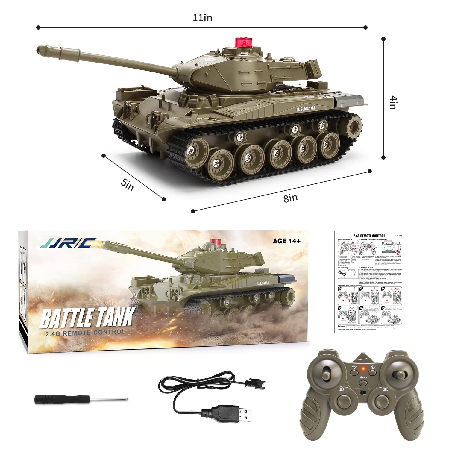 Remote Control Tank for Kids, M41A3 American Army Battle Tank, Programmable RC Tanks with Lights & Realistic Sounds, RC Military All Terrain Off-Road Vehicles, Great Gift Tank Toy for Boys
