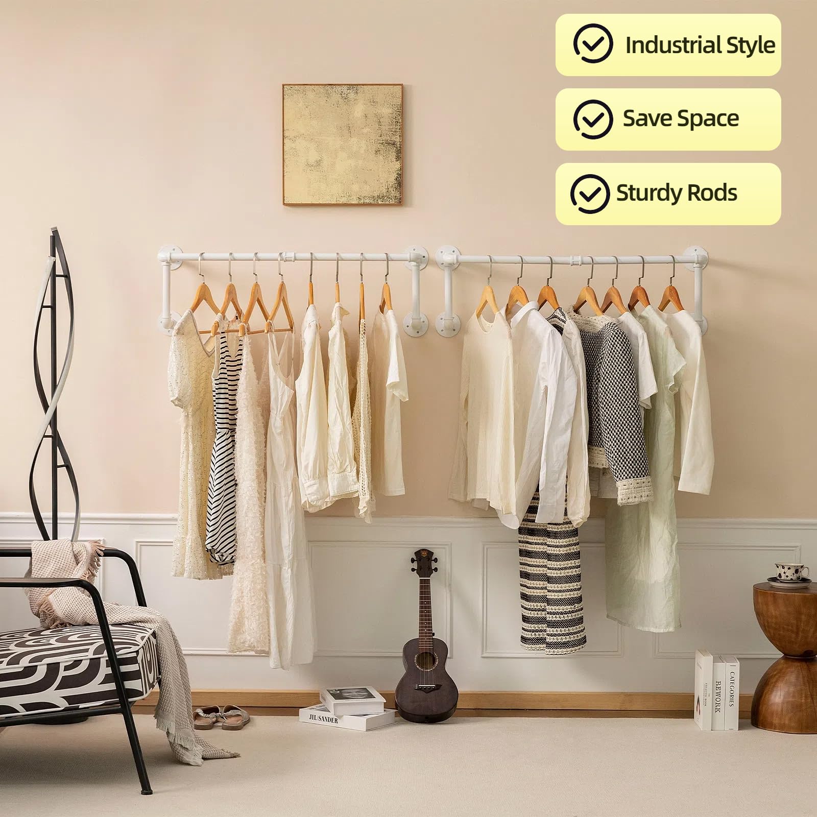 Clothes Rack, Industrial Pipe Clothing Rack for Hanging Clothes, Wall Mounted Heavy Duty Space Saving Garment Rack, Multi-Purpose Clothing Hanging Rods for Closet Storage, Black, 2Pcs