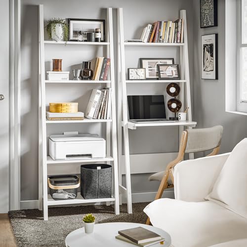 Haotian Ladder Shelf Desk Freestanding Bookshelf Space Saving Workstation Dresser Shelf Leaning Computer Desk with Shelves for Small Space, White FRG60-W