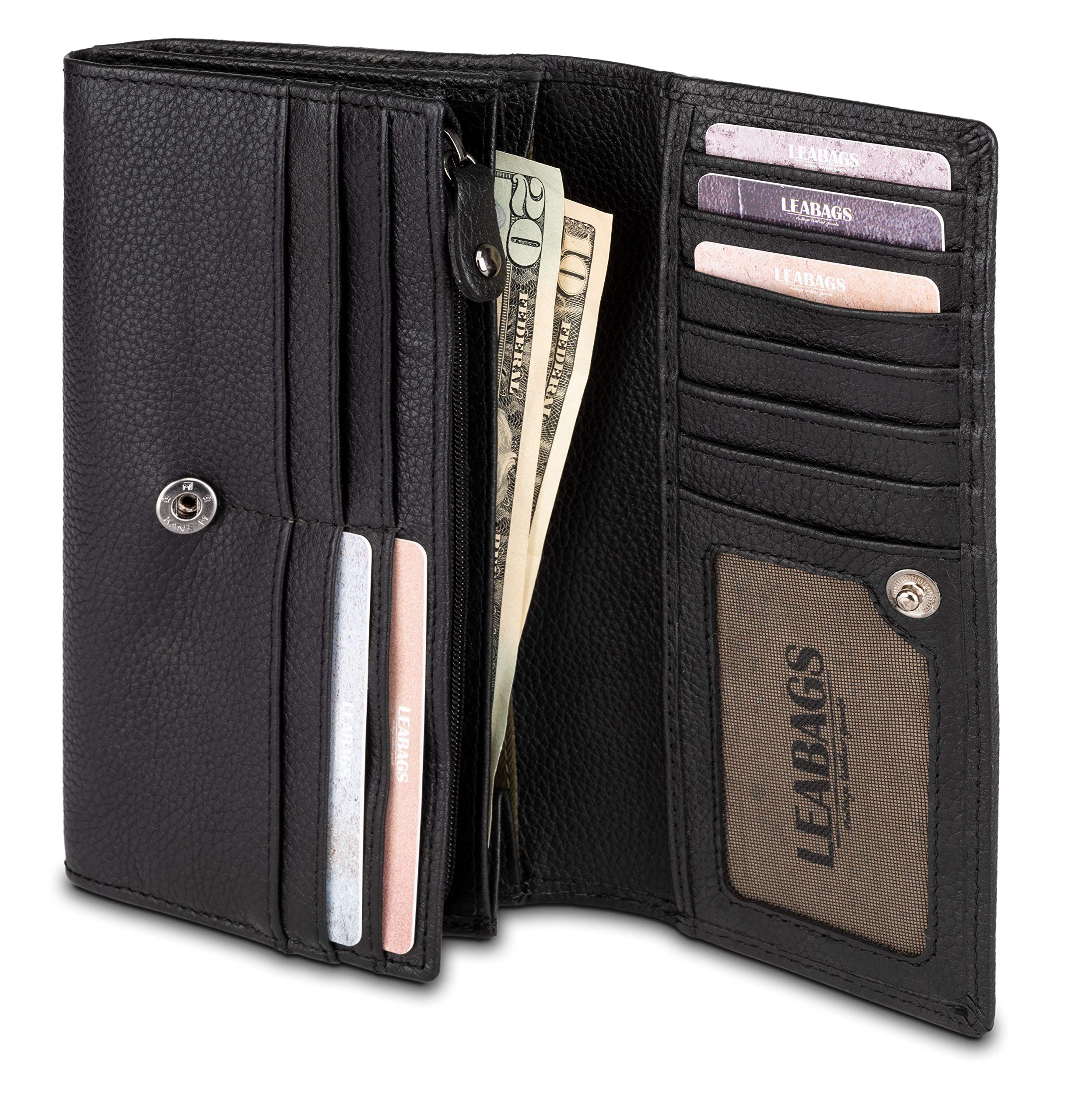 LEABAGS Leather Wallets for Women - RFID Blocking Button Closure 18 credit card slots - Women's Wallets Small Genuine Leather Bifold Compact