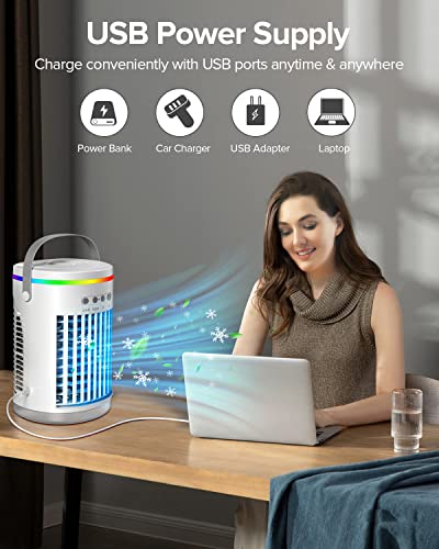 Portable Air Conditioners,ovolta 1400ml Evaporative Air Cooler 3 Speeds,USB Personal Air Conditioner with 7 LED Light,Portable AC Air Conditioner for Room Kitchen Office Desk Bedroom Camping (white)