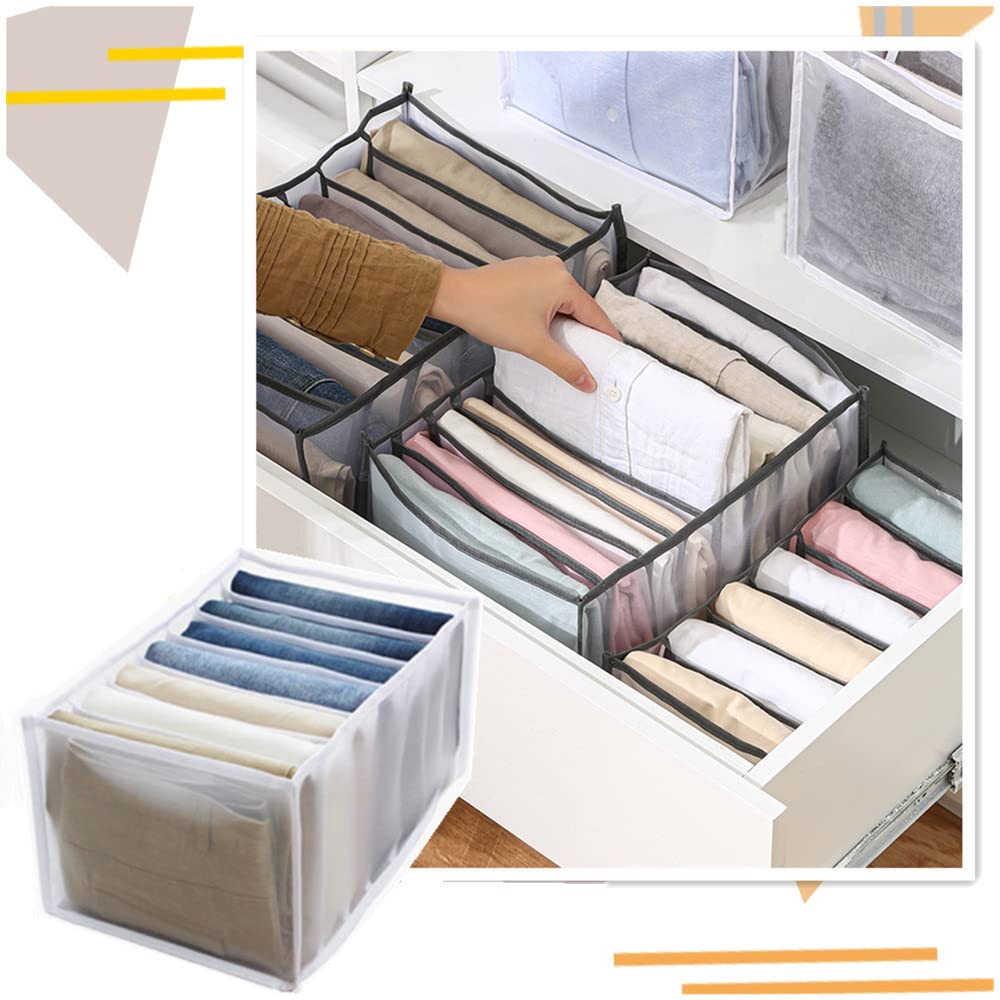 LAND CAST 2Pcs Wardrobe Clothes Organizer, 7Grid Washable Jeans Compartment Storage Box Foldable Closet Drawer Organizer Separation Box Clothes Storage bag for Pants Dress T-shirt Legging (Green, Jeans Grid)