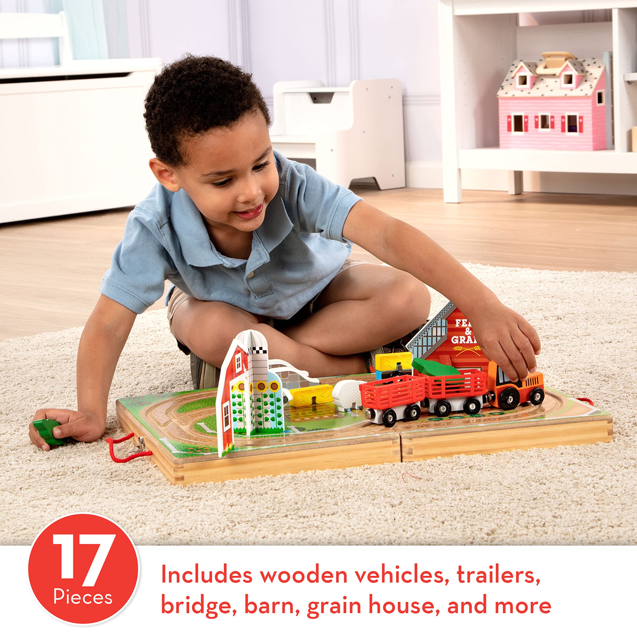 Melissa & Doug 17-Piece Wooden Tabletop Farm Playset With 4 Vehicles, Grain House & Play Pieces - Pretend Barnyard Toy For Toddlers Ages 1+