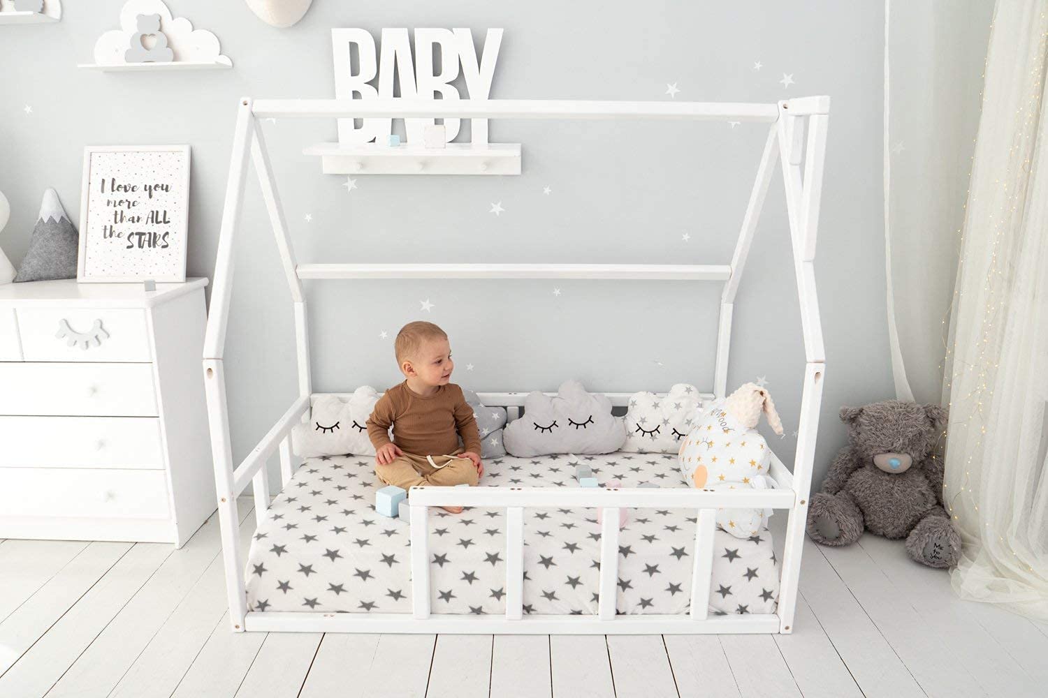 BUSYWOOD Toddler Floor Bed - Montessori Floor Bed with Rails - Floor Bed for Toddlers - Kids Floor Bed- House Kid Bed Frame - Floor Bed Frame Toddler (FOR SLEEPING ONLY)