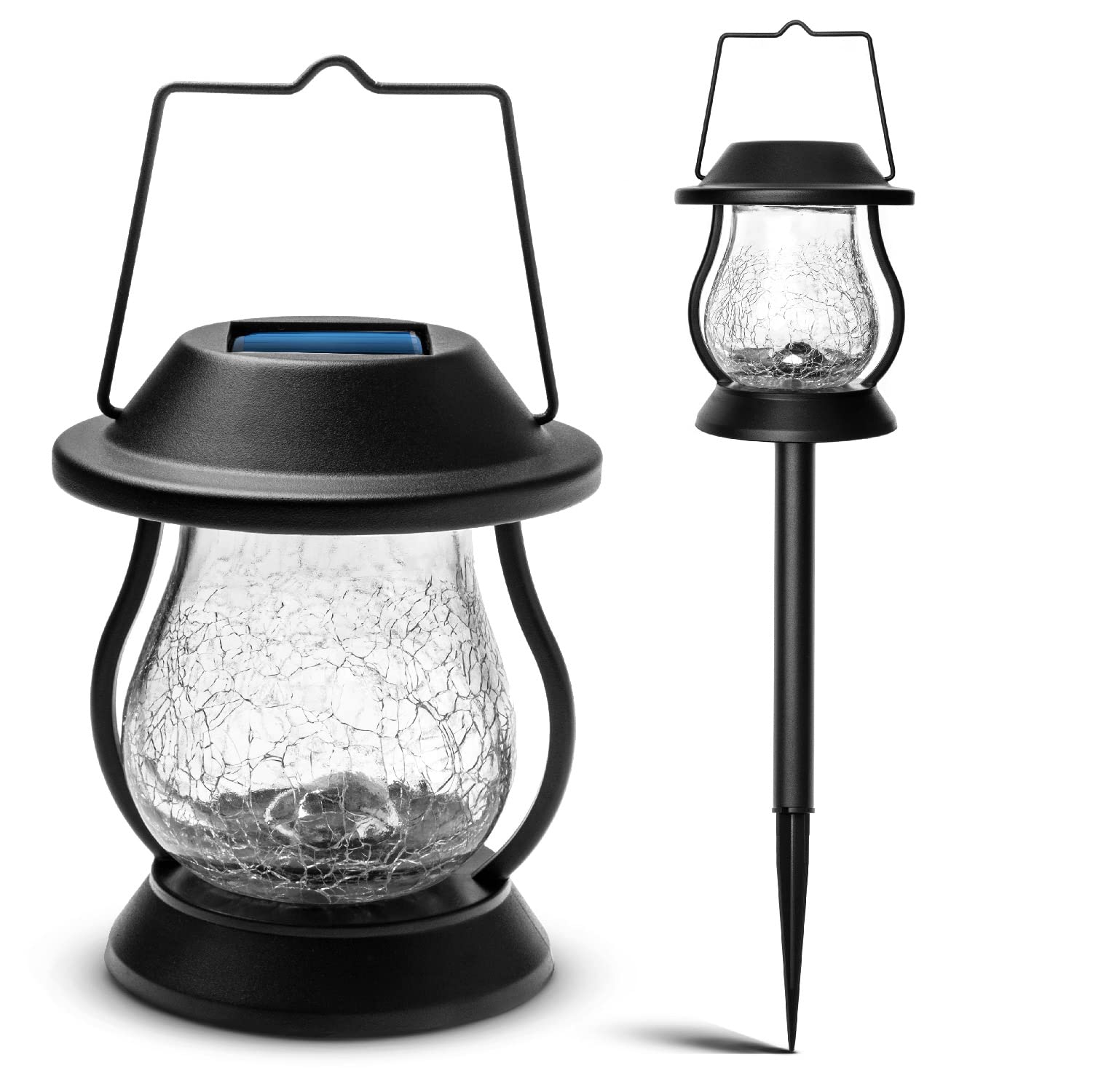 Landia Home Solar Pathway Lantern - Outdoor Decorative 2 in 1 Path Light or Hanging Lantern with Large Crackle Glass Housing, 2-Pack
