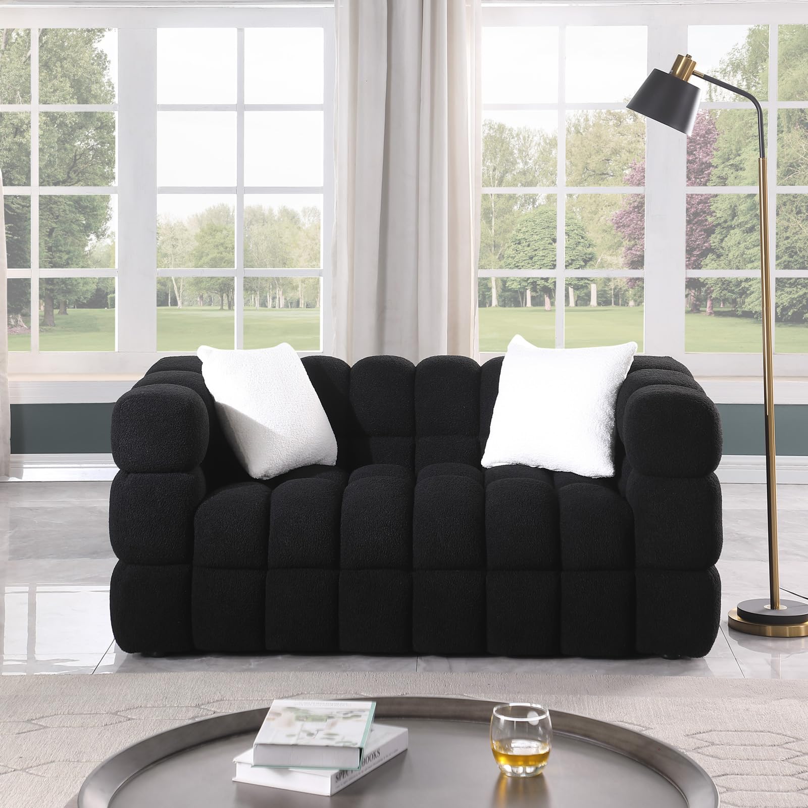 Cloud Loveseat Couch, Modern Marshmallow Boucle Fabric Couches with Plastic Legs Upholstered Tufted Loveseat Sofa with 2 Pillows for Living Room, Bedroom, Office(Black