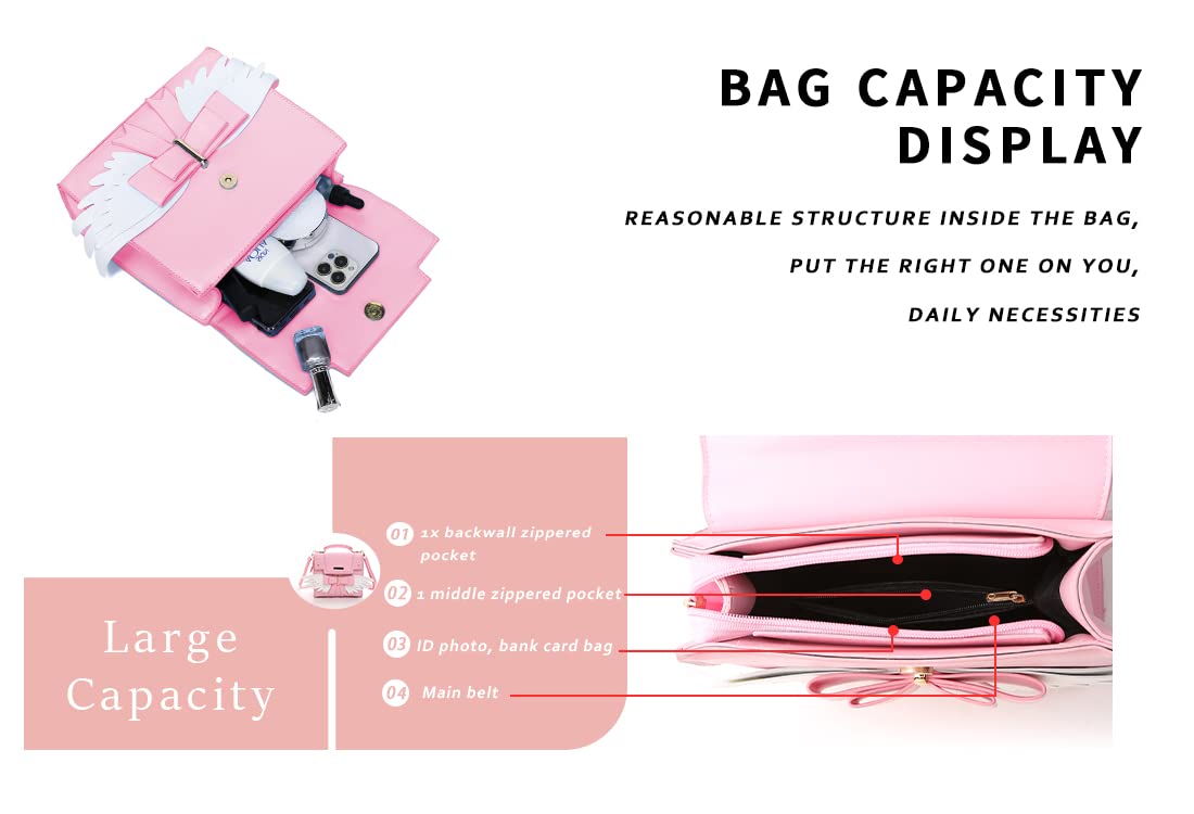 JHVYF Women's Cute Wings Bow Top Handle Cross Body Shoulder Bags Girls Kawaii Handbag Pink 354343