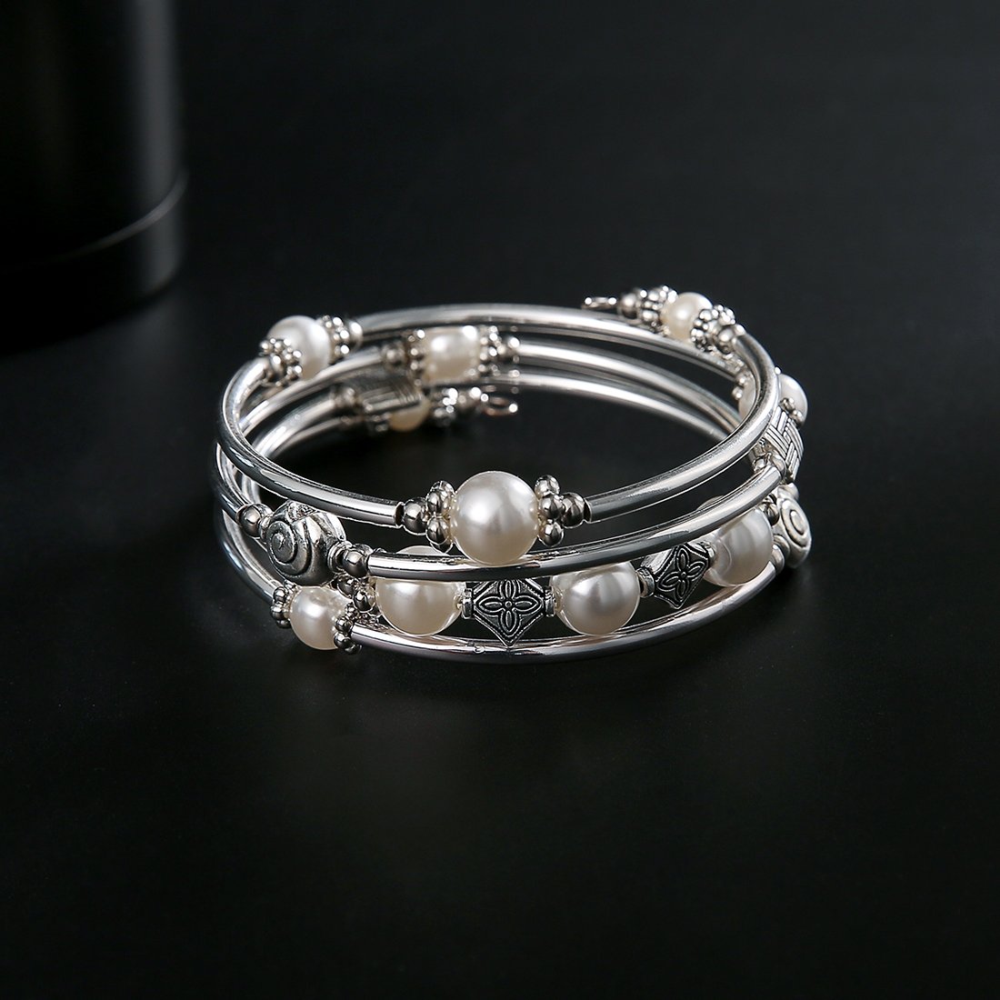 Beaded Pearl Bangle Wrap Bracelet - Fashion Bohemian Jewelry Multilayer Charm Bracelet with Thick Silver Metal Beads, Gift For Women (White)