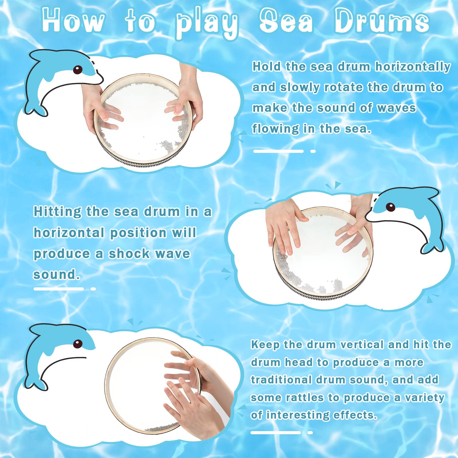 Boao Sea Drum 12 Inches Wave Bead Hand Drum Natural Color Sound Drum Percussion Wave Drum with Hardwood Shell Sea Drum Musical Instrument Percussion for Home Supplies