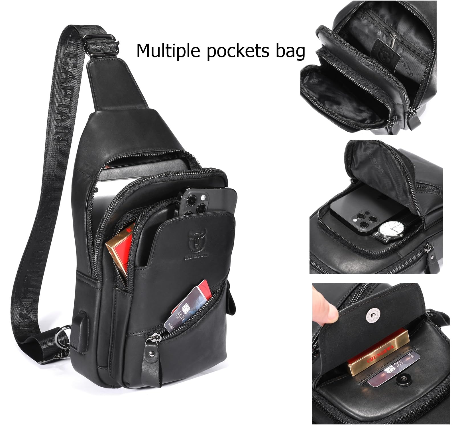 BULLCAPTAIN Mens Leather Sling Bag Backpack Casual Outdoor Shoulder Crossbody Chest Bag with USB Charging Port (Black)